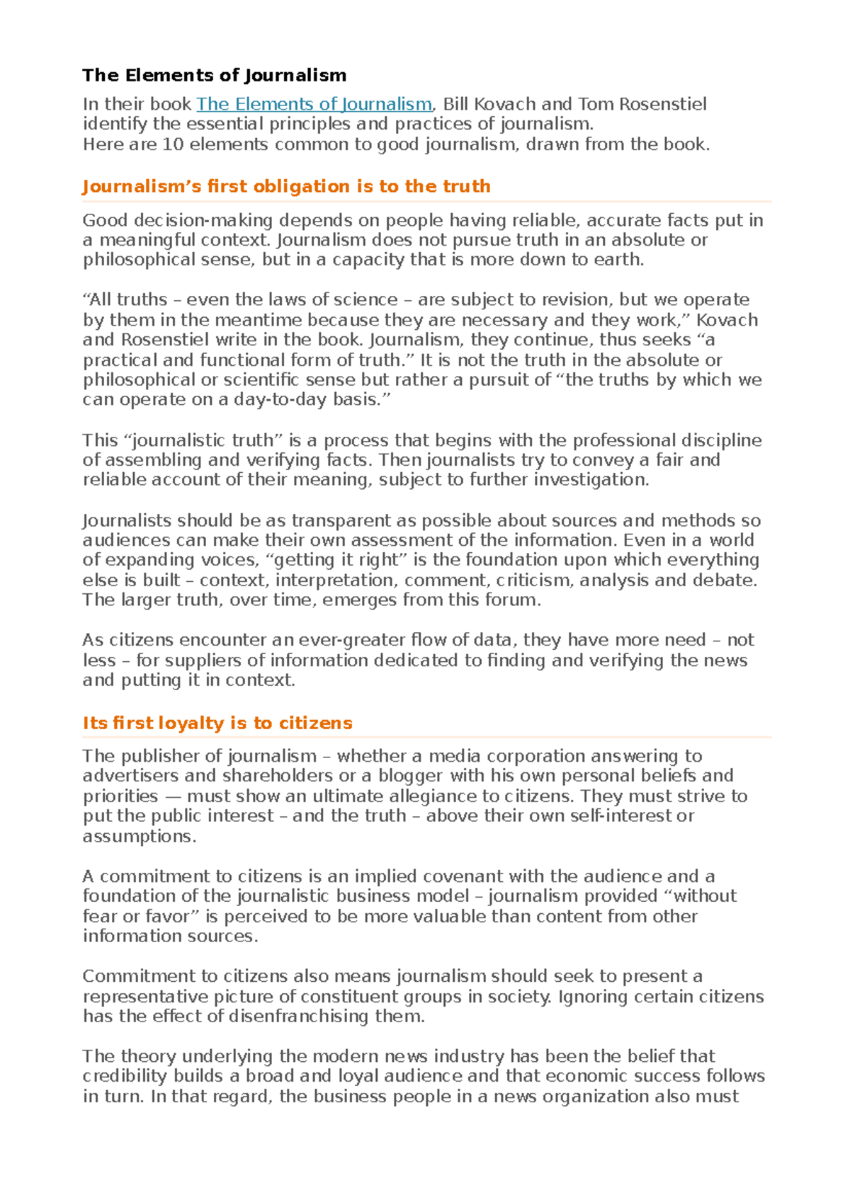 The Elements of Journalism - Here are 10 elements common to good ...