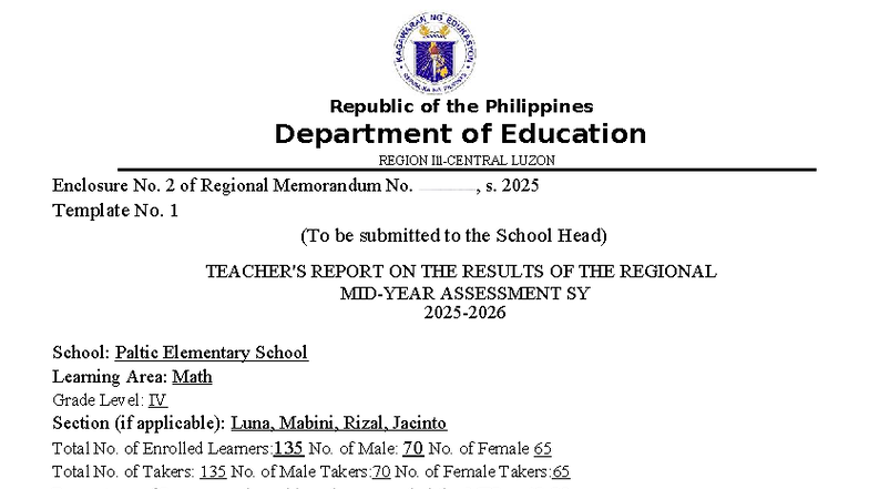 Regional Assessment Report: Math & GMRC Results for Grade IV - Studocu