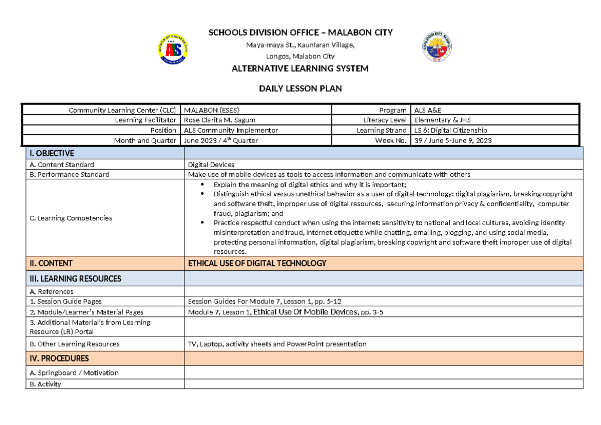 DLL ALS WEEK 16 LS 6: Daily Lesson Plan on Digital Citizenship - Studocu
