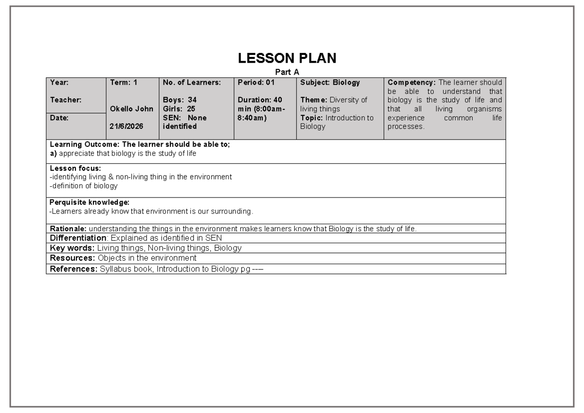 Biology Lesson Plan (Year 1) - Introduction to Living Things - Studocu