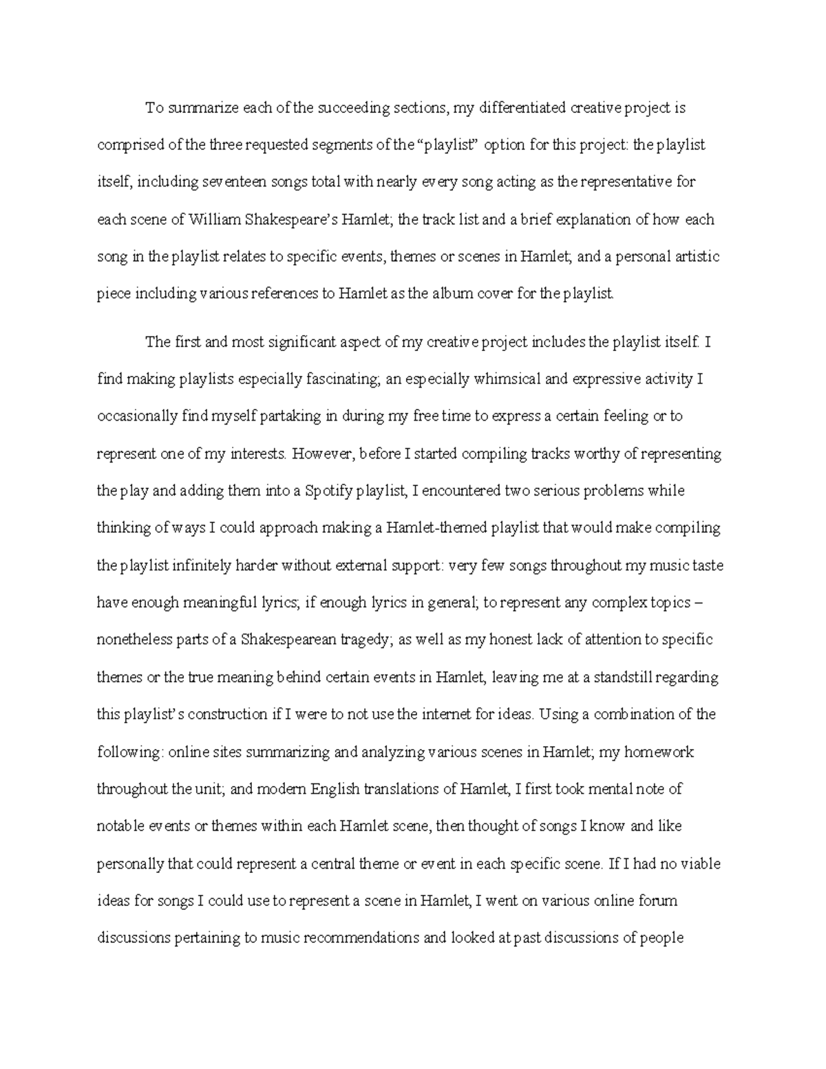 Hamlet Project Explanation: Playlist & Artistic Representation - Studocu