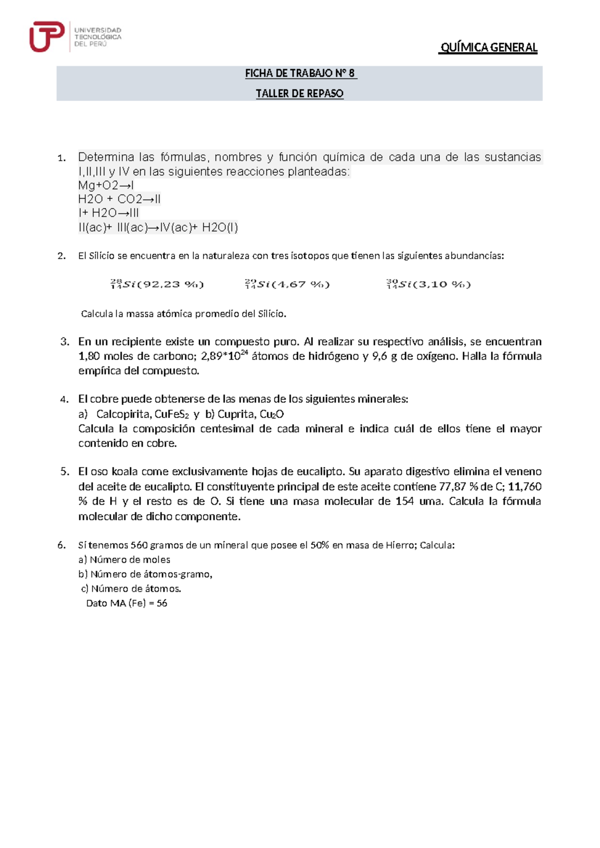 Ficha de Trabajo 8 - Tarea - FICHA DE TRABAJO N° 8 TALLER DE REPASO 1 ...