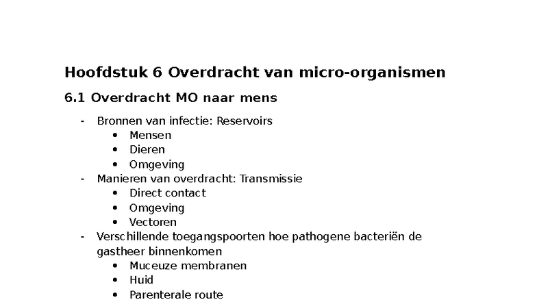 Hoofdstuk 6: Overdracht van Micro-organismen en Ziekten - Studocu