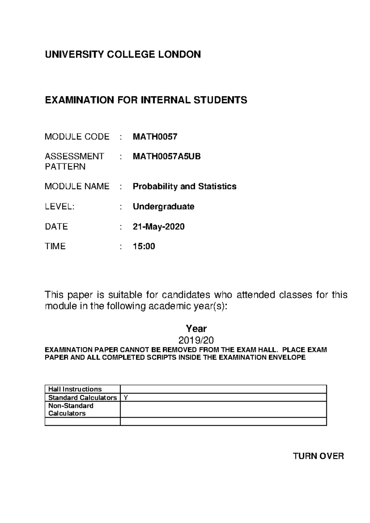 MATH0057 Probability and Statistics Past Paper 2020 - MATH0057 - UCL ...