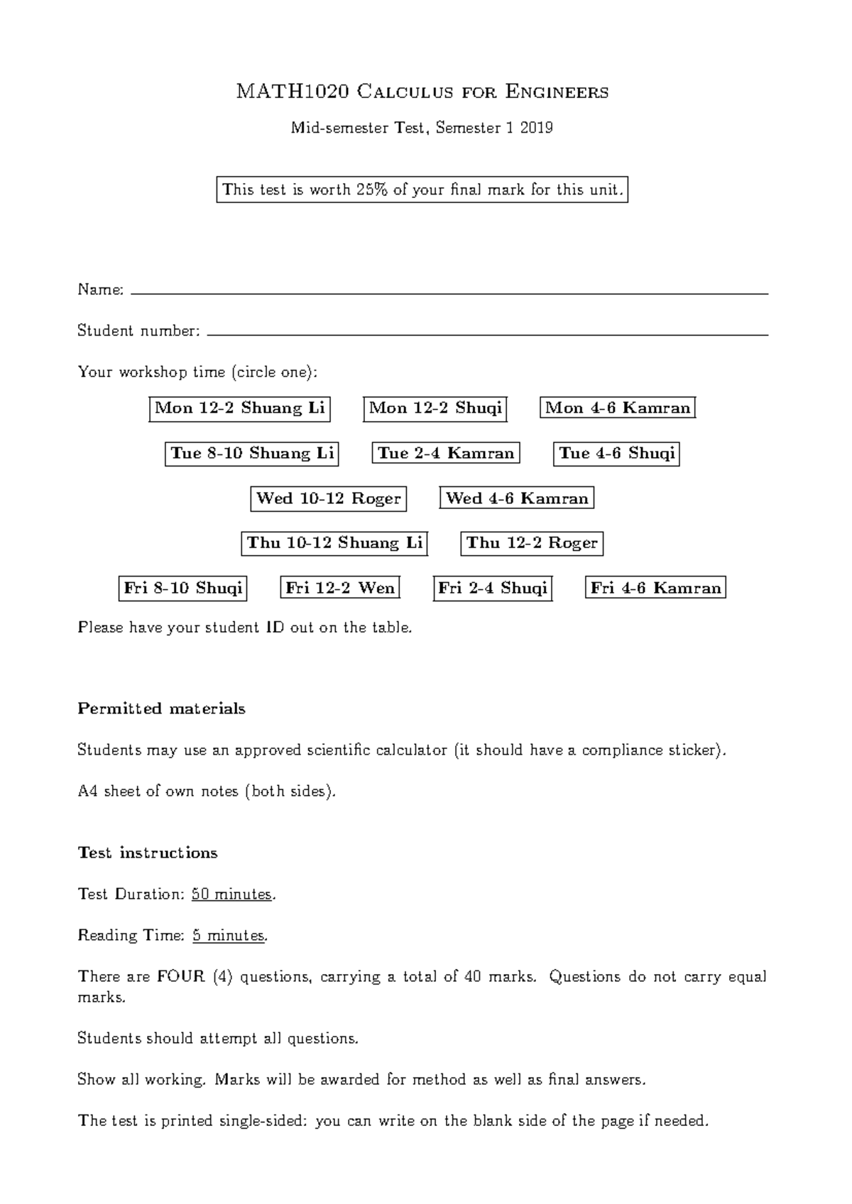 Test June 2019, questions - MATH1020 Calculus for Engineers Mid ...