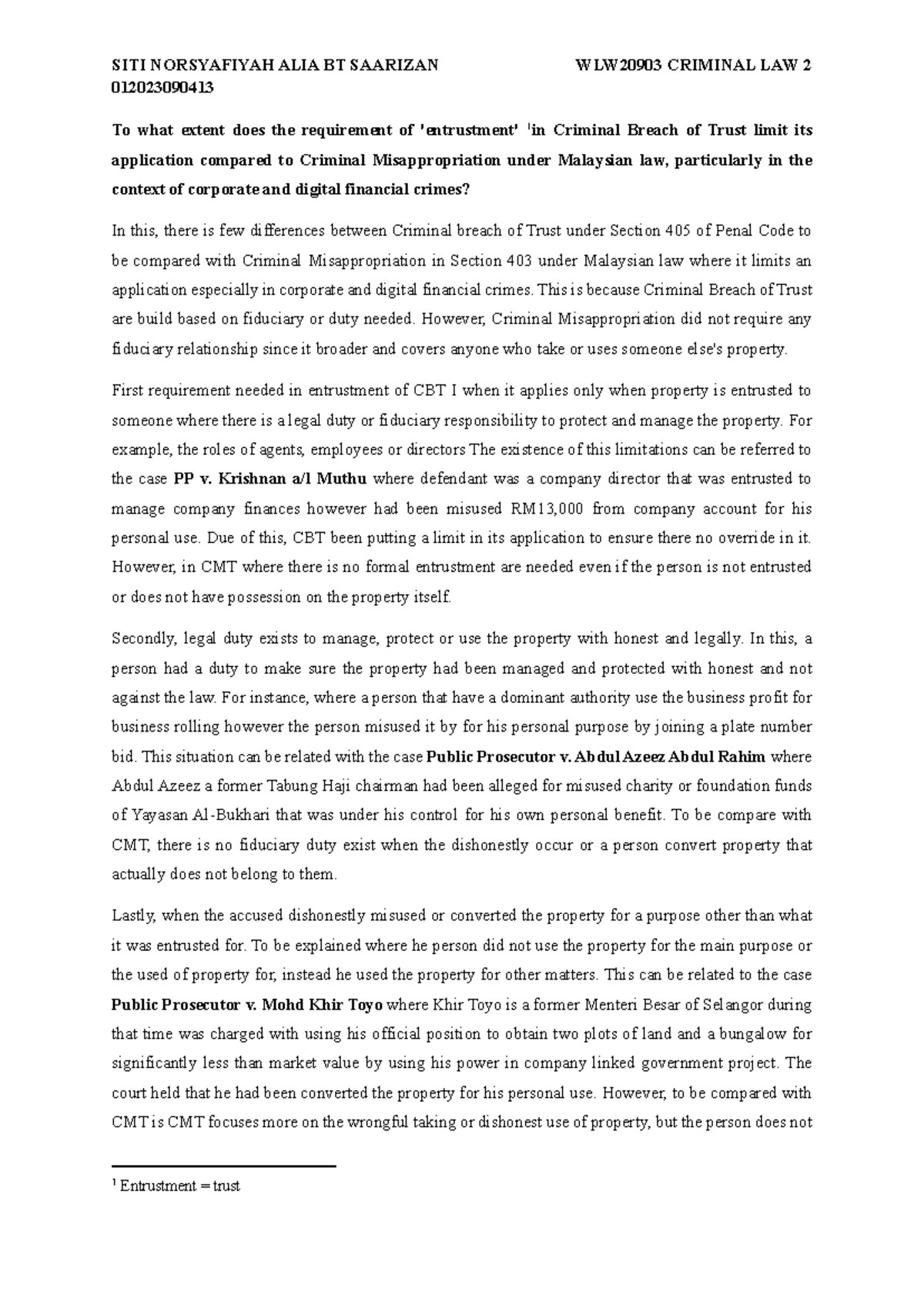 Comparative Analysis of Criminal Breach of Trust vs. Misappropriation ...