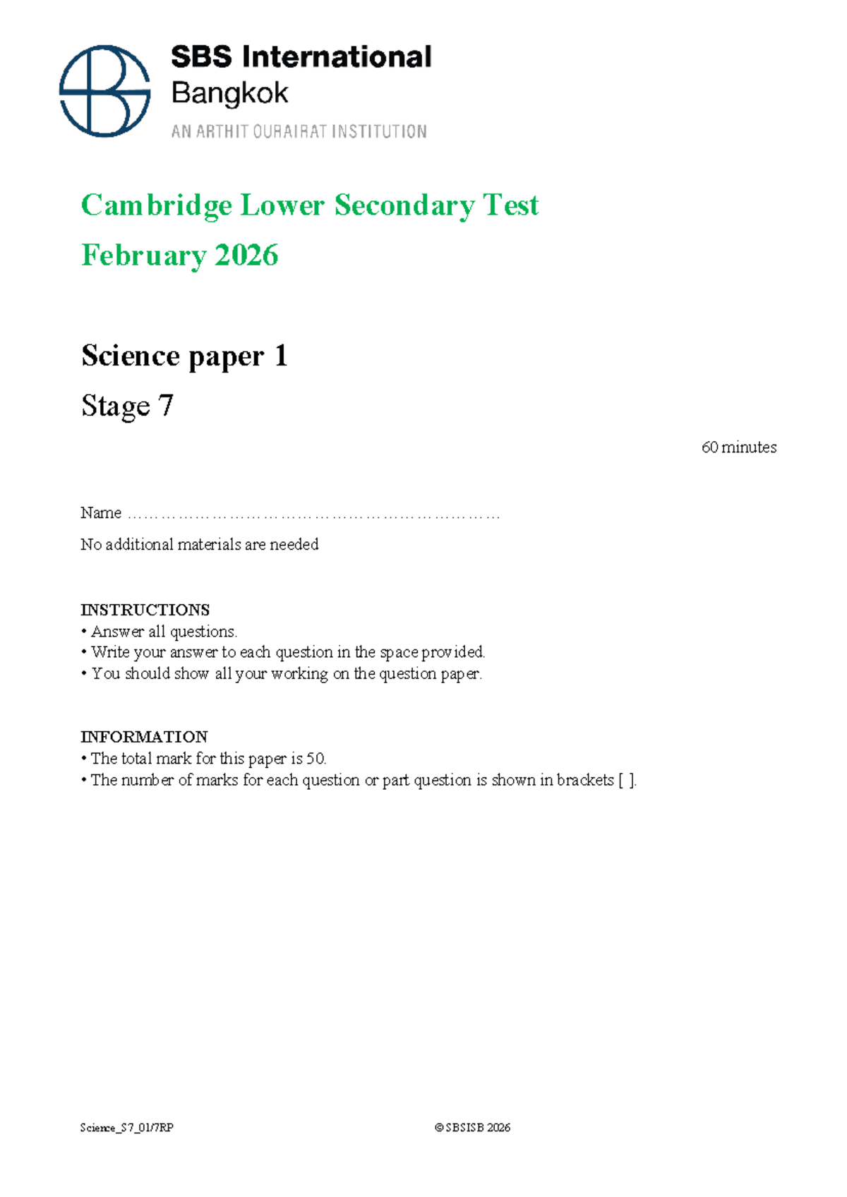 SBSISB 2026 Y7 Science Paper 1 - Test Questions and Instructions - Studocu