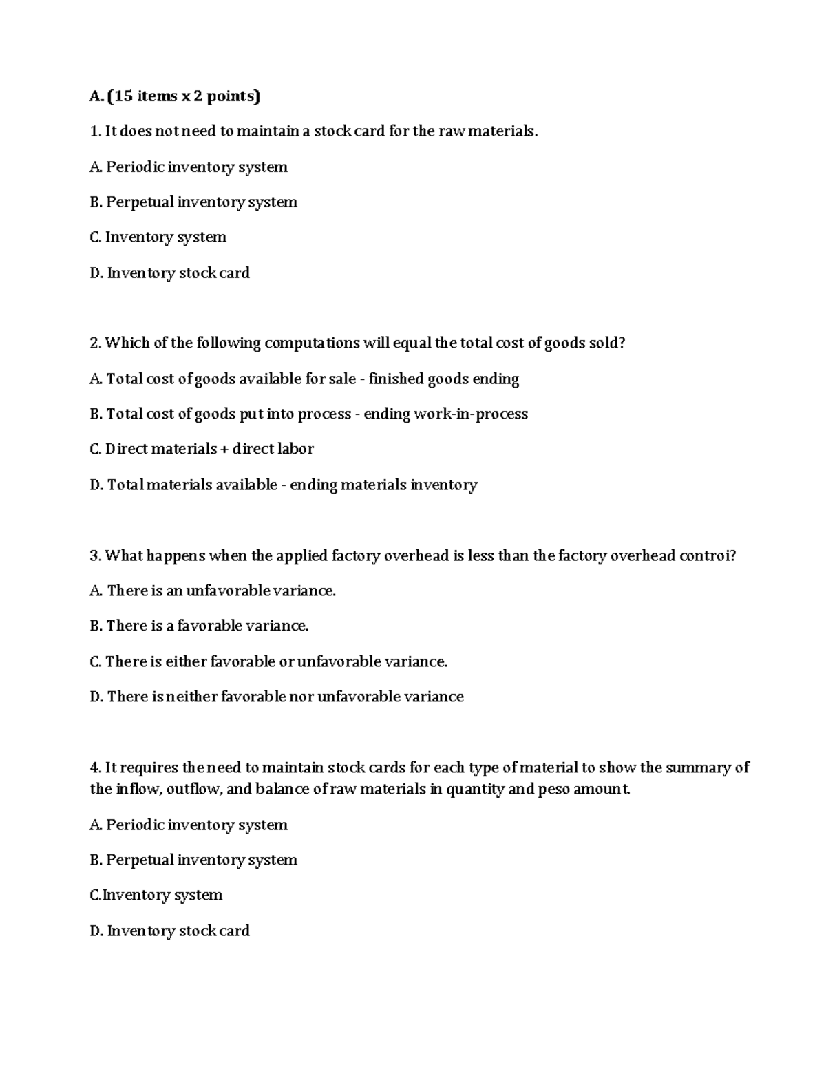 COST Accounting - Prelims Review Questions and Answers - Studocu