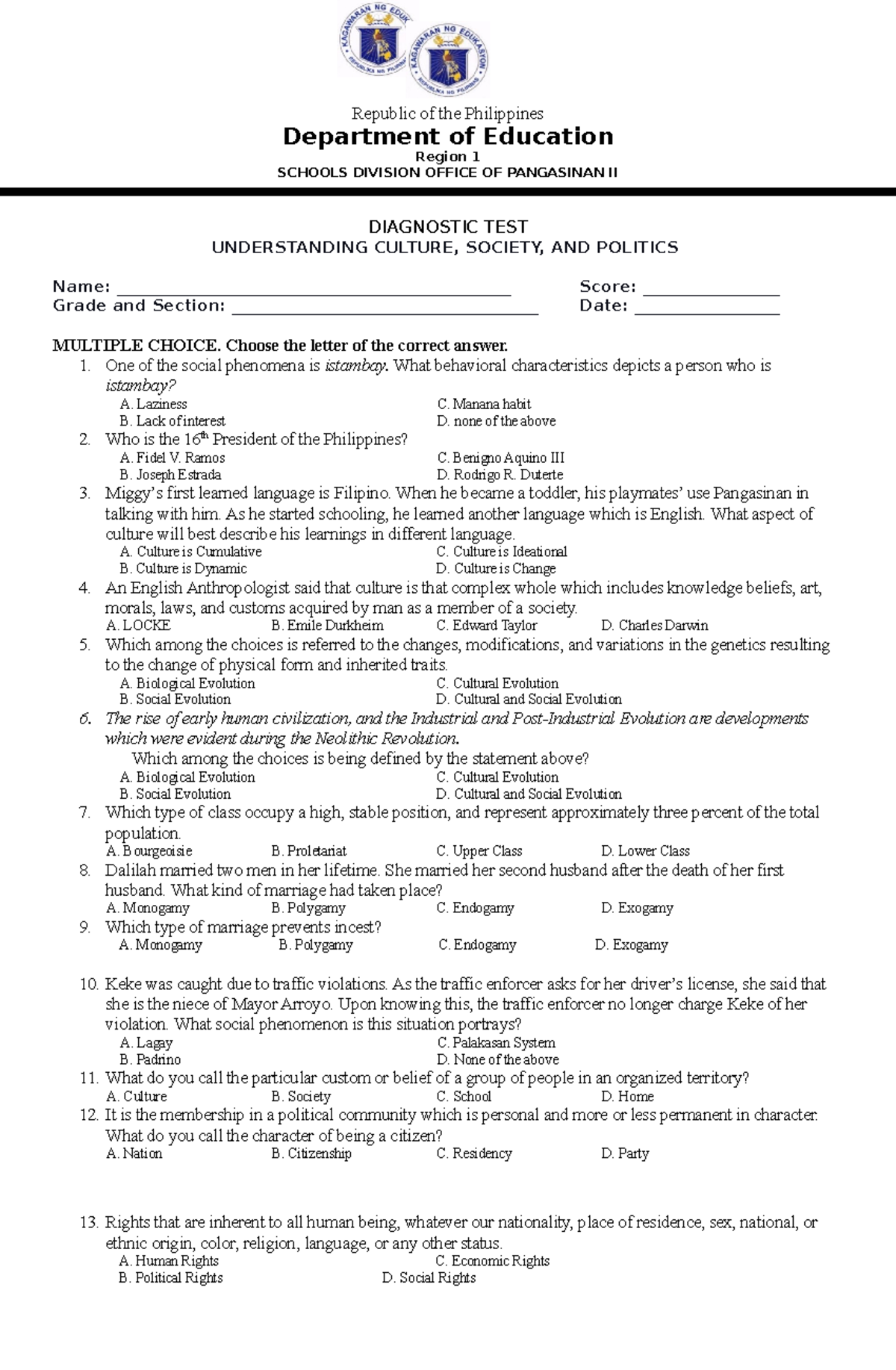 Grade 11 UCSP Diagnostic Test 1: Understanding Culture & Society - Studocu