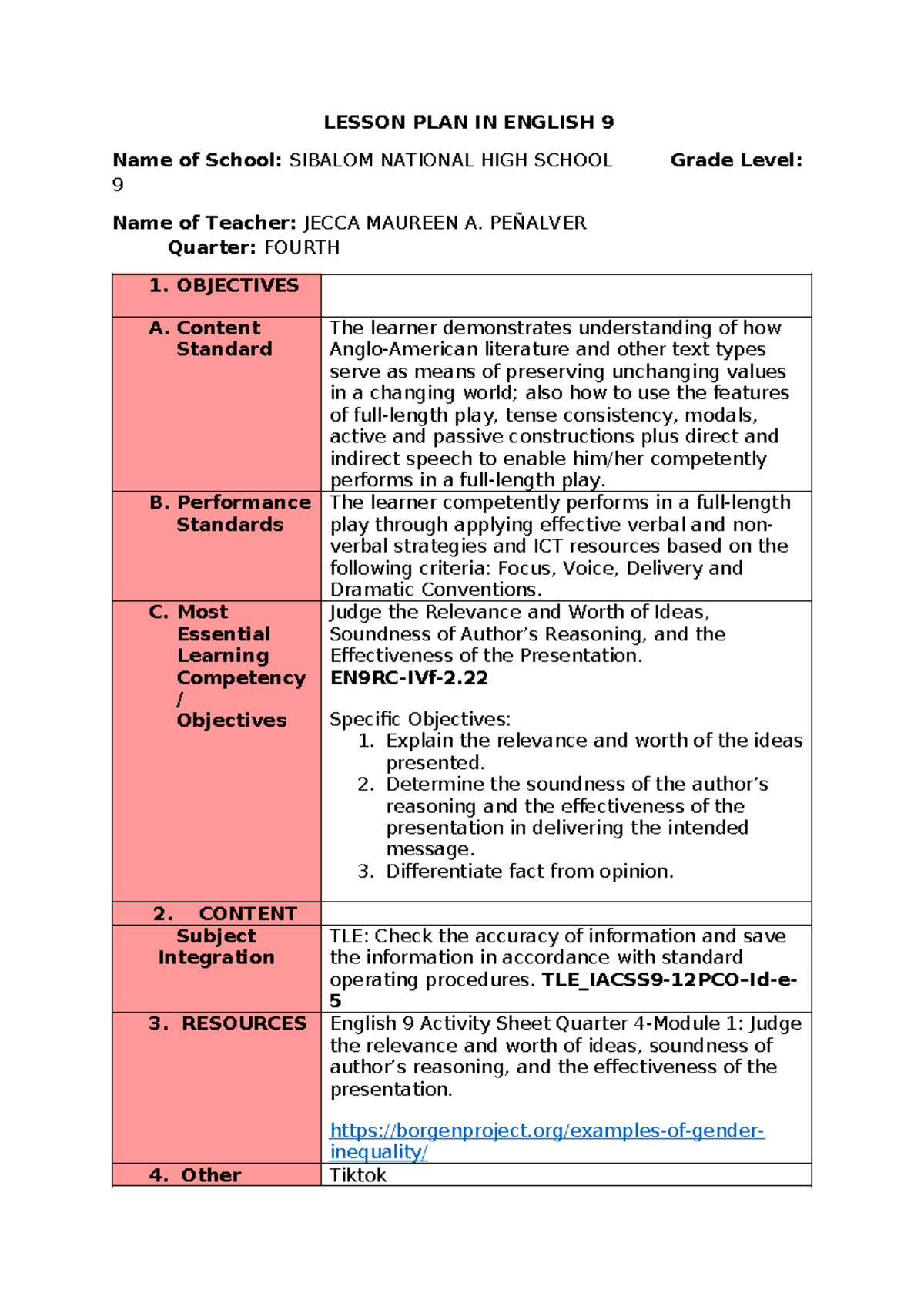 ENGLISH 9 LESSON PLAN: Judging Ideas & Presentation Effectiveness - Studocu