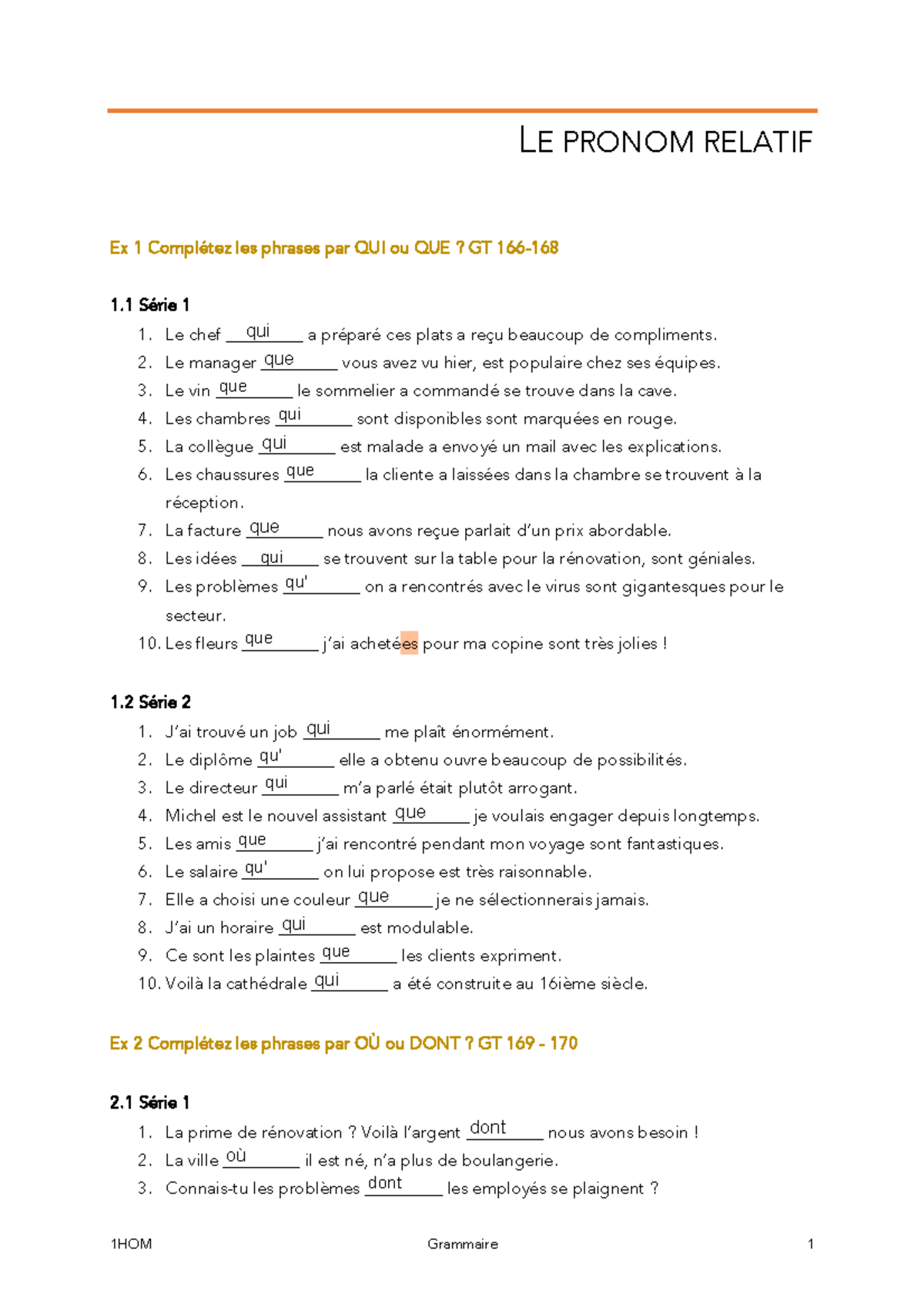 Exercices sur le Pronom Relatif - LE PRONOM RELATIF 1HOM Grammaire ...