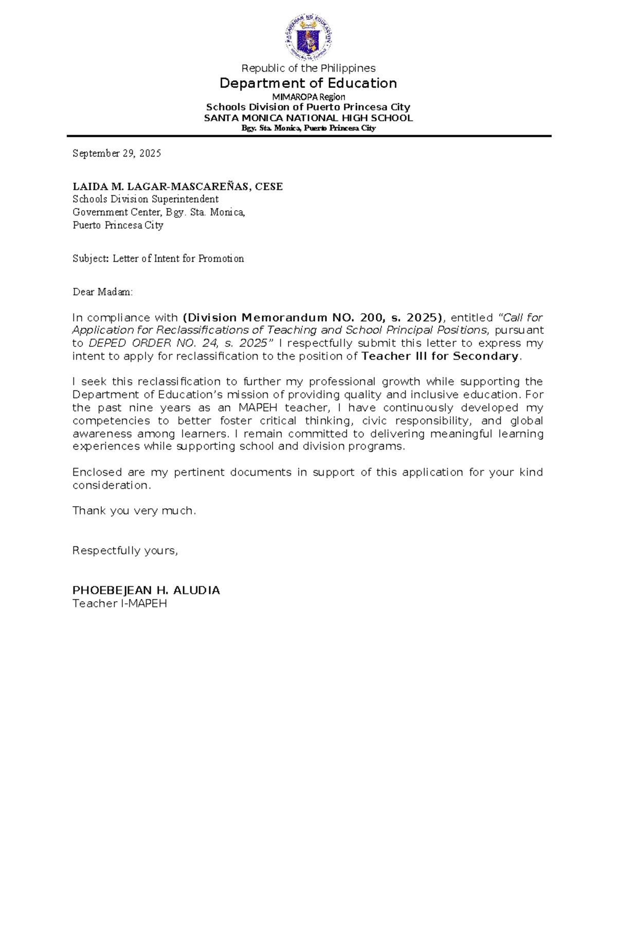 Letter of Intent for Reclassification - DepEd Application - Studocu