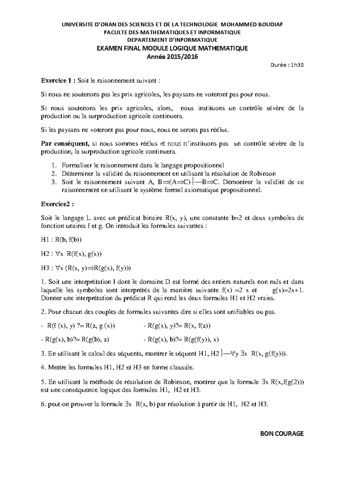Examen LOG 2016 - University USTO LOG L2 Informatique LMD - UNIVERSITE ...