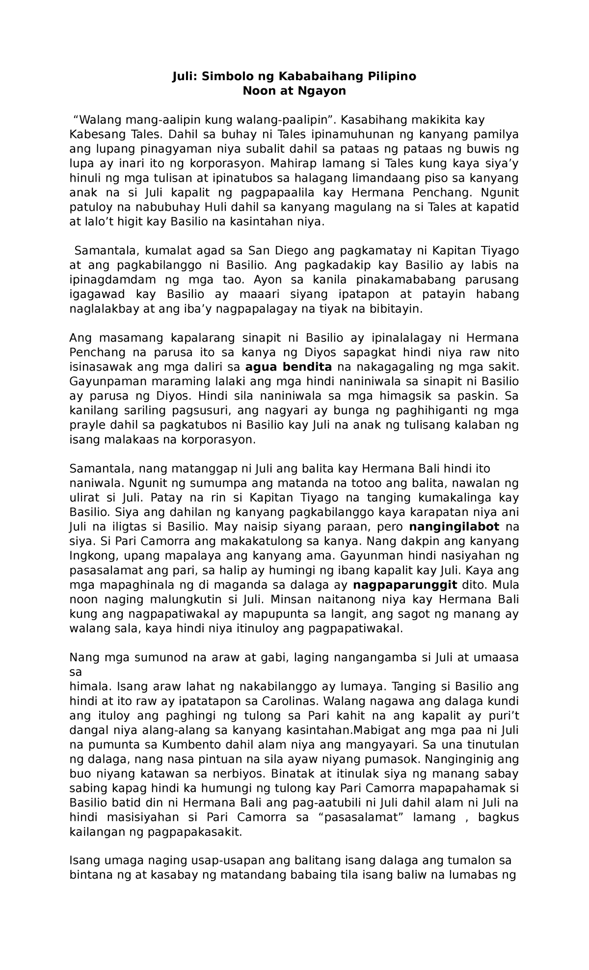 SI HULI: Lecture Notes on Juli as Symbol of Filipina Women - Studocu