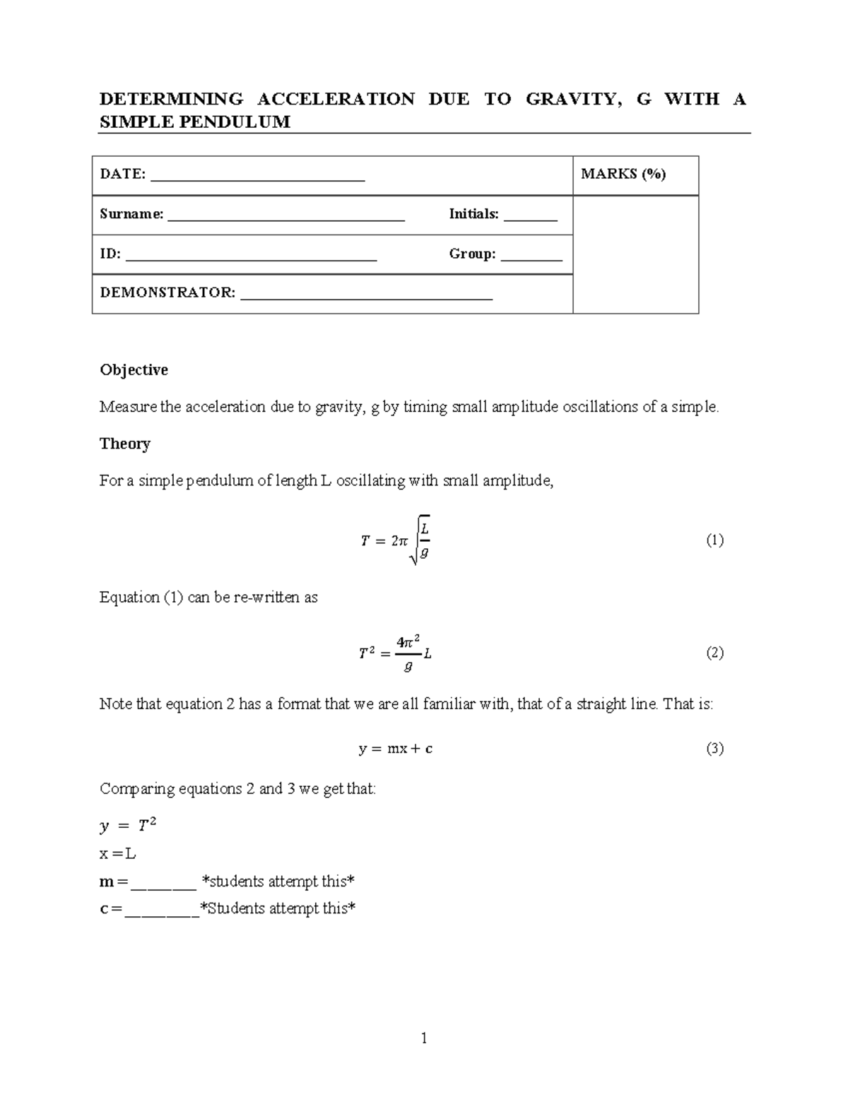 Physics 101: Determining Acceleration Due to Gravity with a Pendulum - Studocu