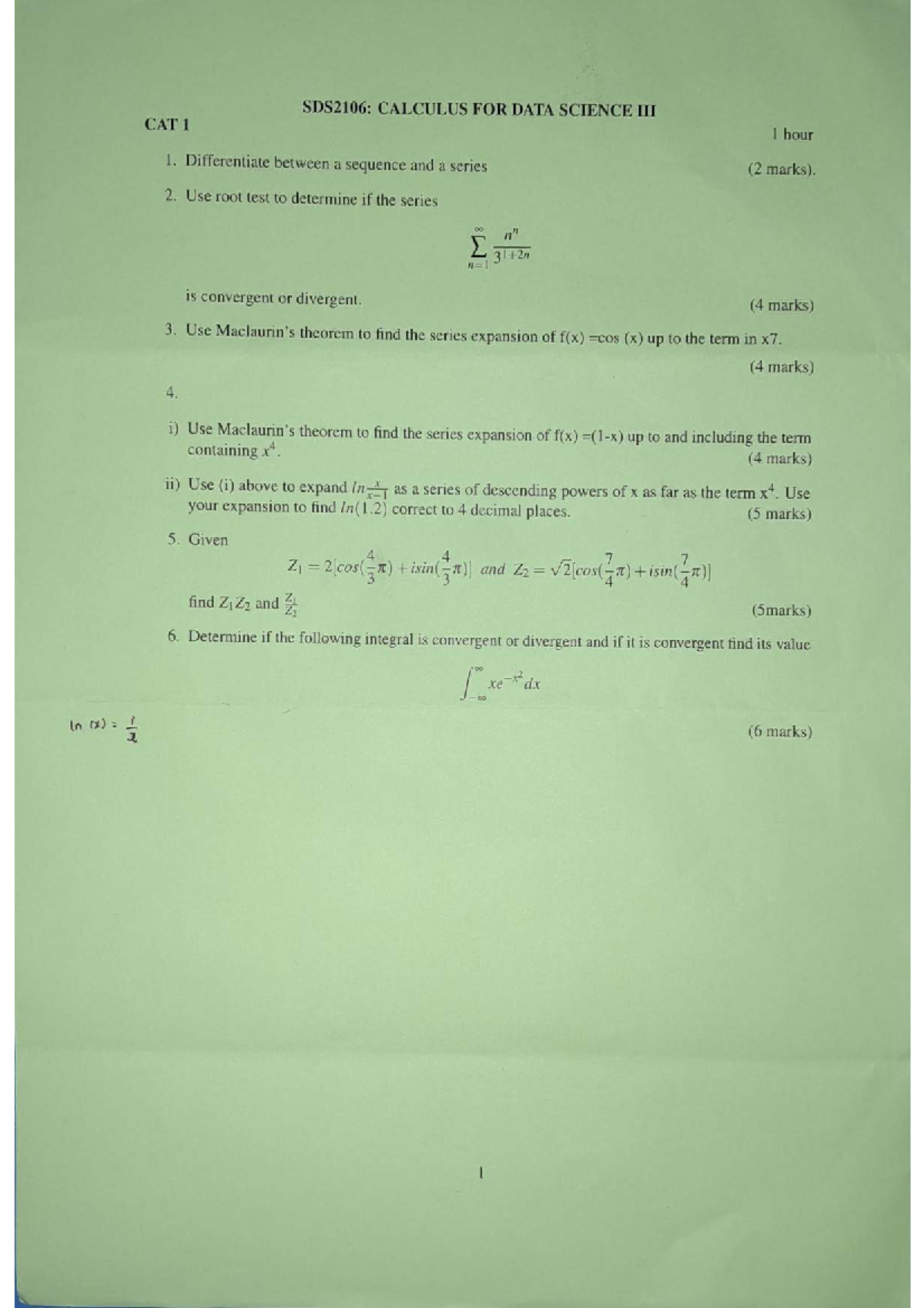 SDS2106: Calculus for Data Science CAT 1 Exam Review - Studocu