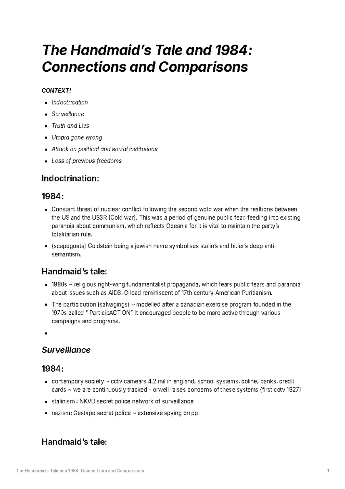 Connections and Comparisons: The Handmaid's Tale & 1984 Analysis - Studocu