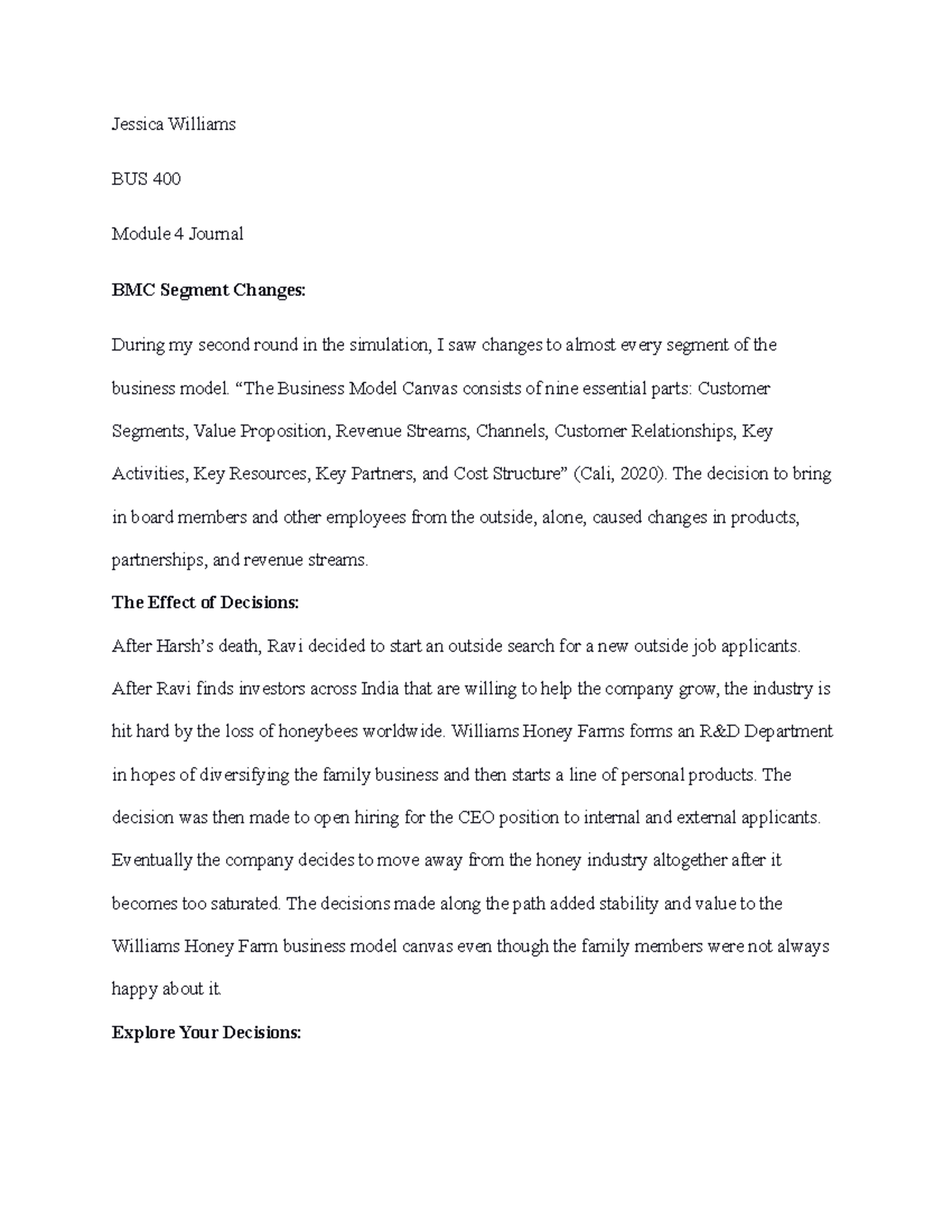 JW BUS 400 Module 4 Journal: Business Model Canvas Insights - Studocu