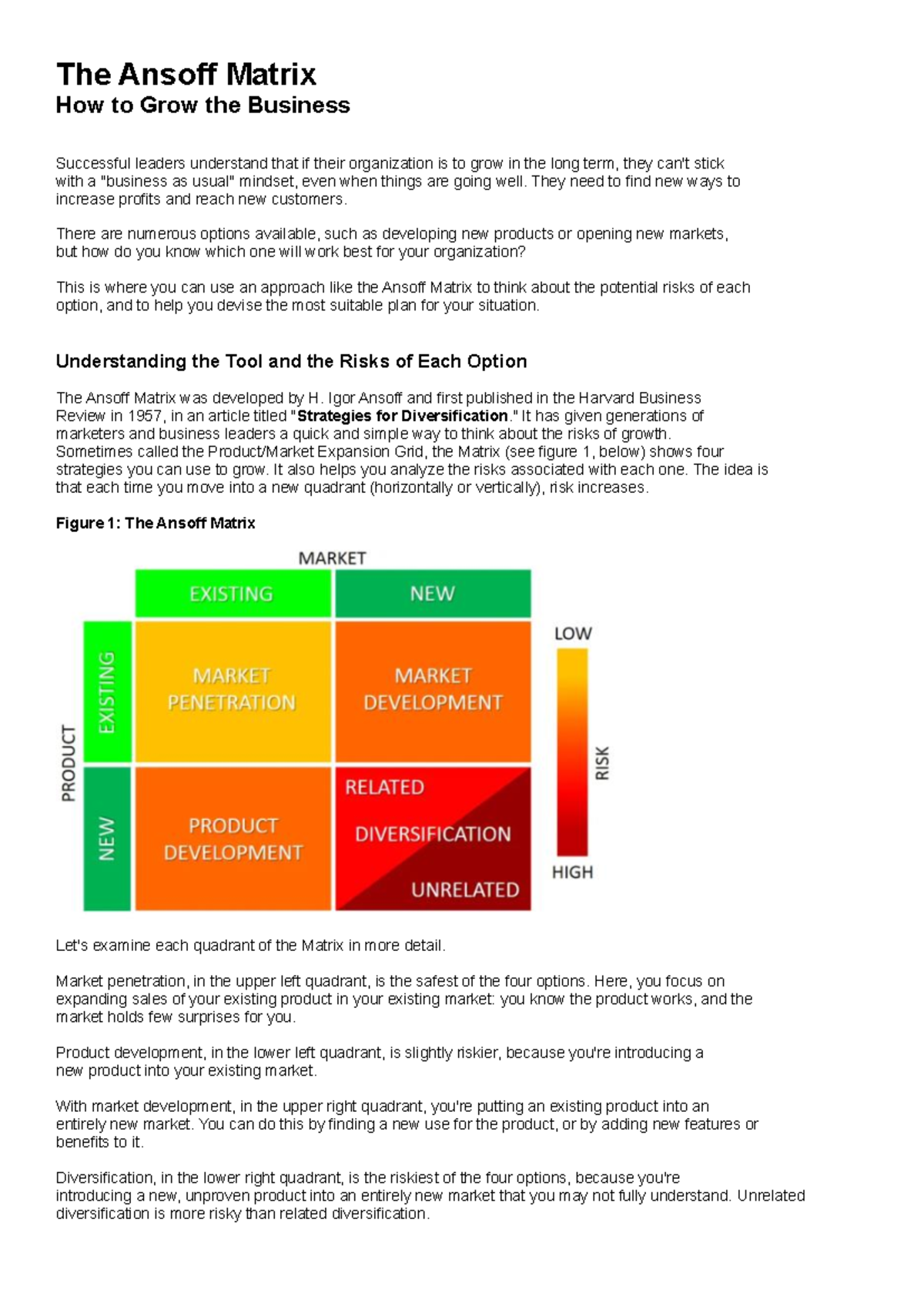 Ansoff Matrix Strategies: A Guide to Business Growth and Risks - Studocu