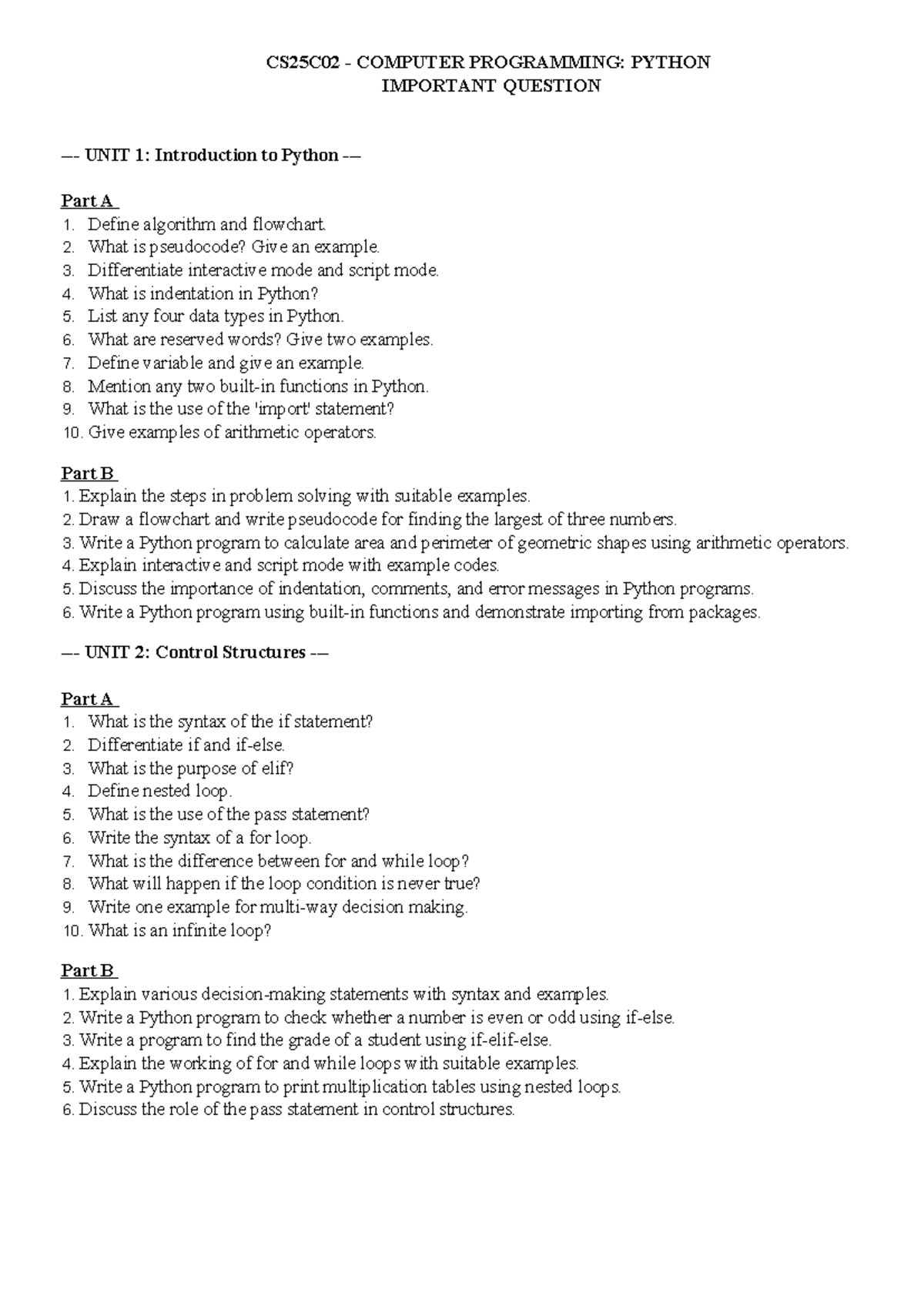 CS25C02 COMPUTER PROGRAMMING: PYTHON FULL UNIT IMPORTANT QUESTIONS ...