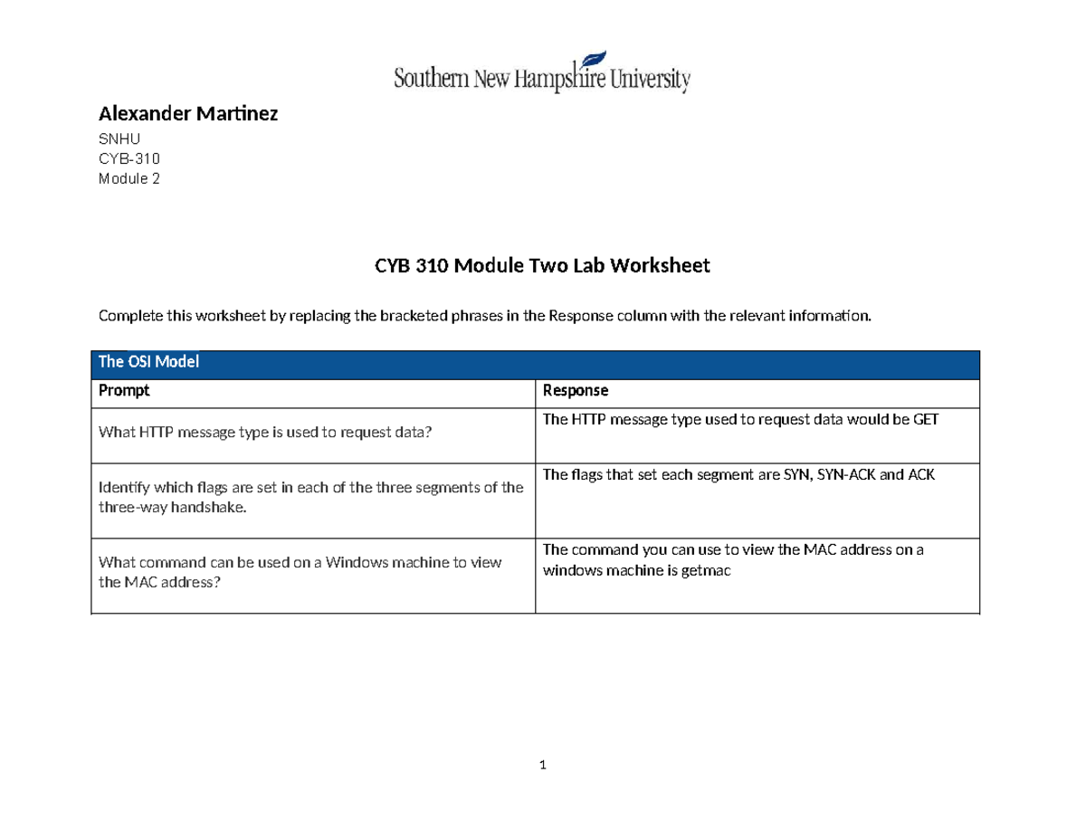 CYB 310 Module 2 Lab Worksheet: OSI Model & Network Protocols - Studocu
