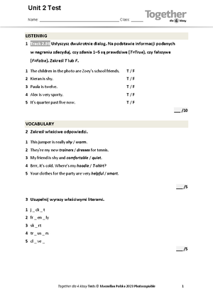 Together kl4 Standard Tests Answer Key - Unit 1 A ex. 1 1 c 2 c 3 a 4 c ...