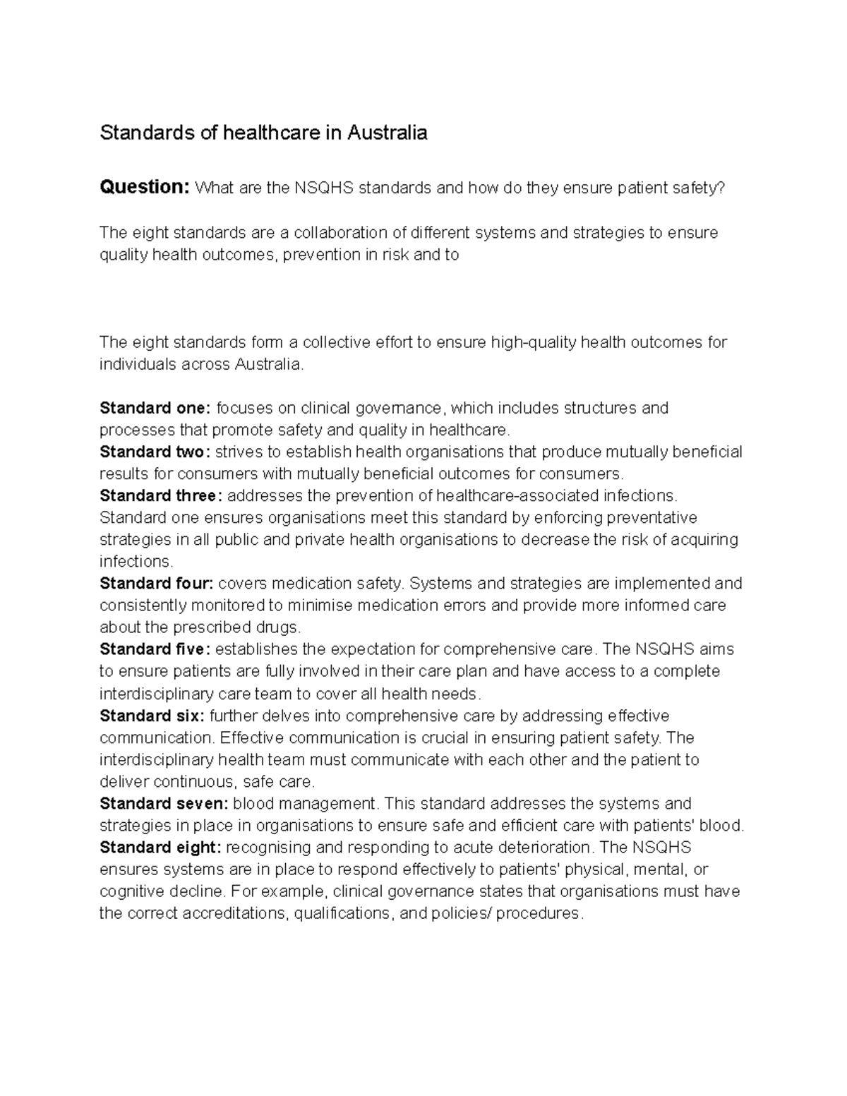 NSQHS Standards: Ensuring Patient Safety and Quality Care - Studocu