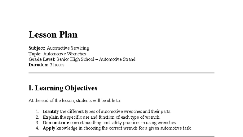 Automotive Wrenches Lesson Plan for Senior High School (3 Hours) - Studocu
