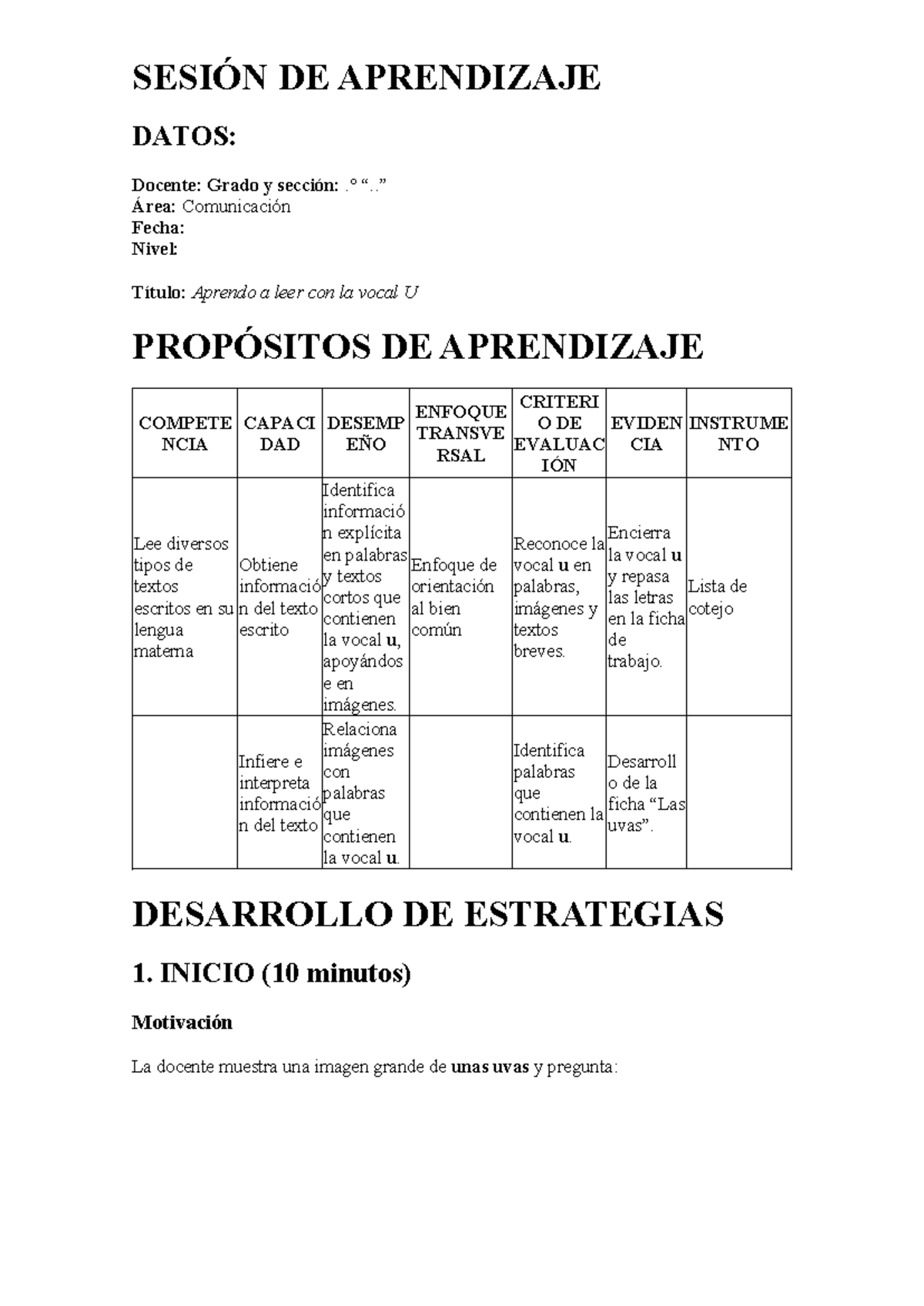 SESIÓN DE APRENDIZAJE: Aprendo a Leer con la Vocal U - Comunicación ...