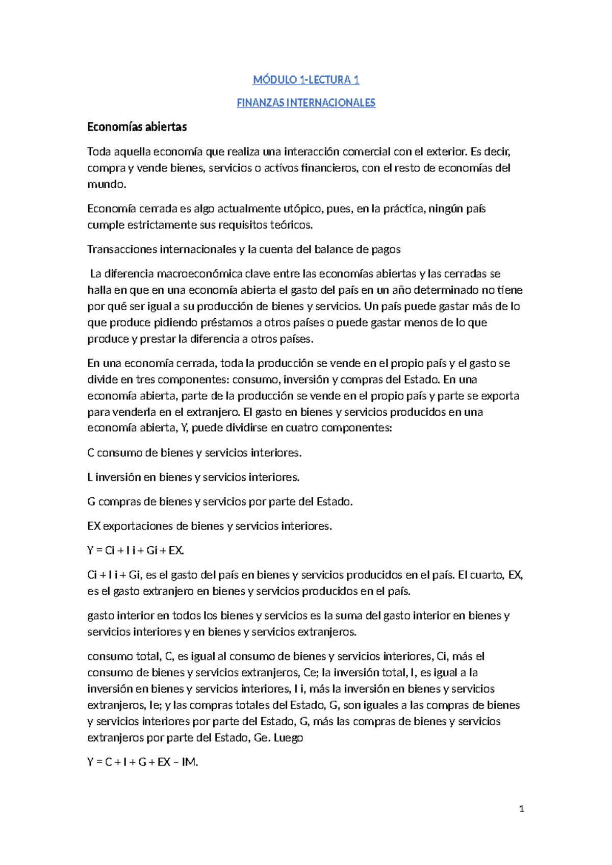 MÓDULO 1: FINANZAS INTERNACIONALES - Economías Abiertas y Cierre ...