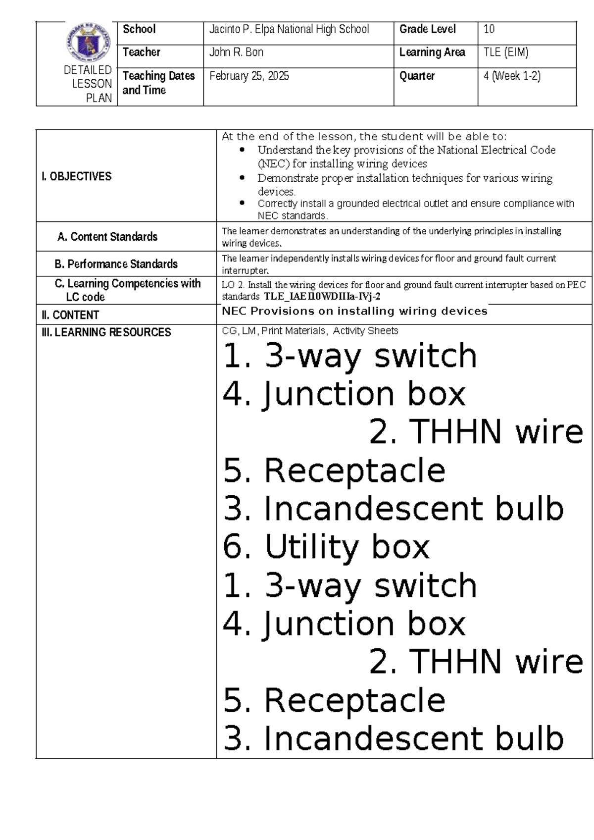 TLE EIM 10 Lesson Plan: NEC Provisions for Wiring Devices Installation ...