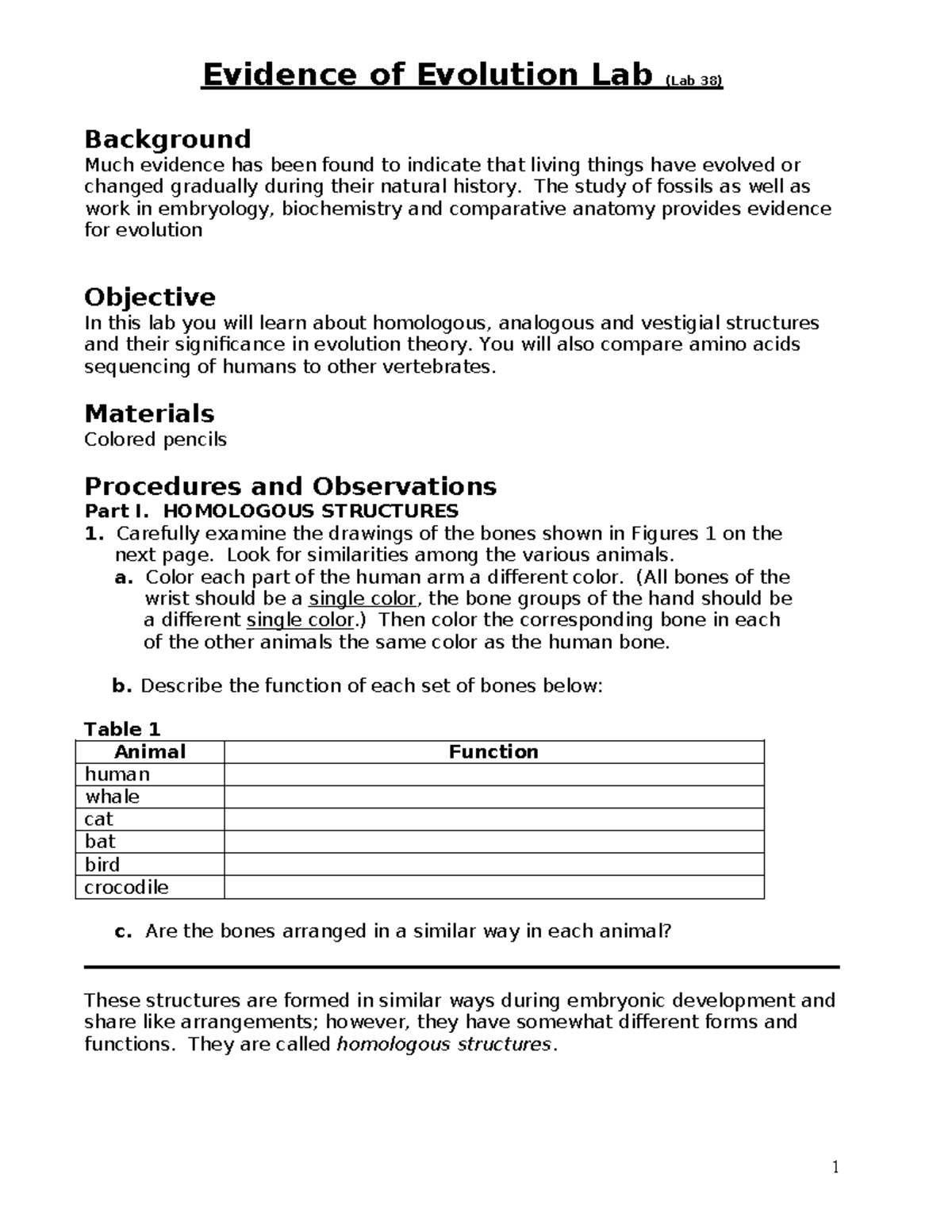 Lab 38: Evidence of Evolution - Homologous & Analogous Structures - Studocu