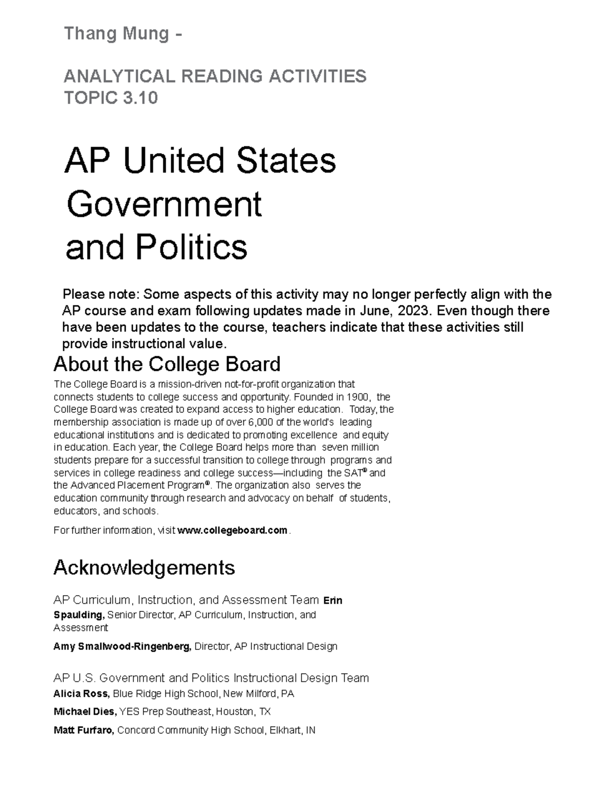AP U.S. Government and Politics: Analyzing King's "Letter from ...