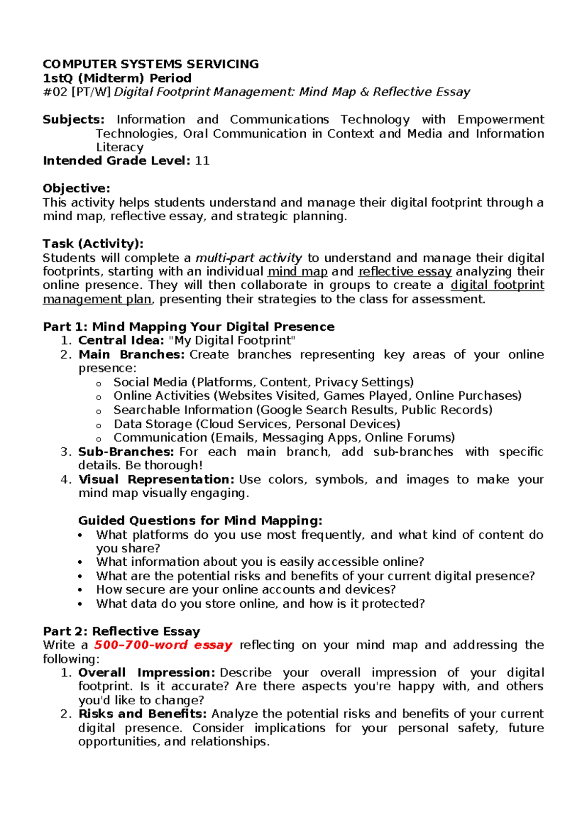 DIGITAL FOOTPRINT MANAGEMENT: MIND MAP & REFLECTIVE ESSAY (ICT 11 ...