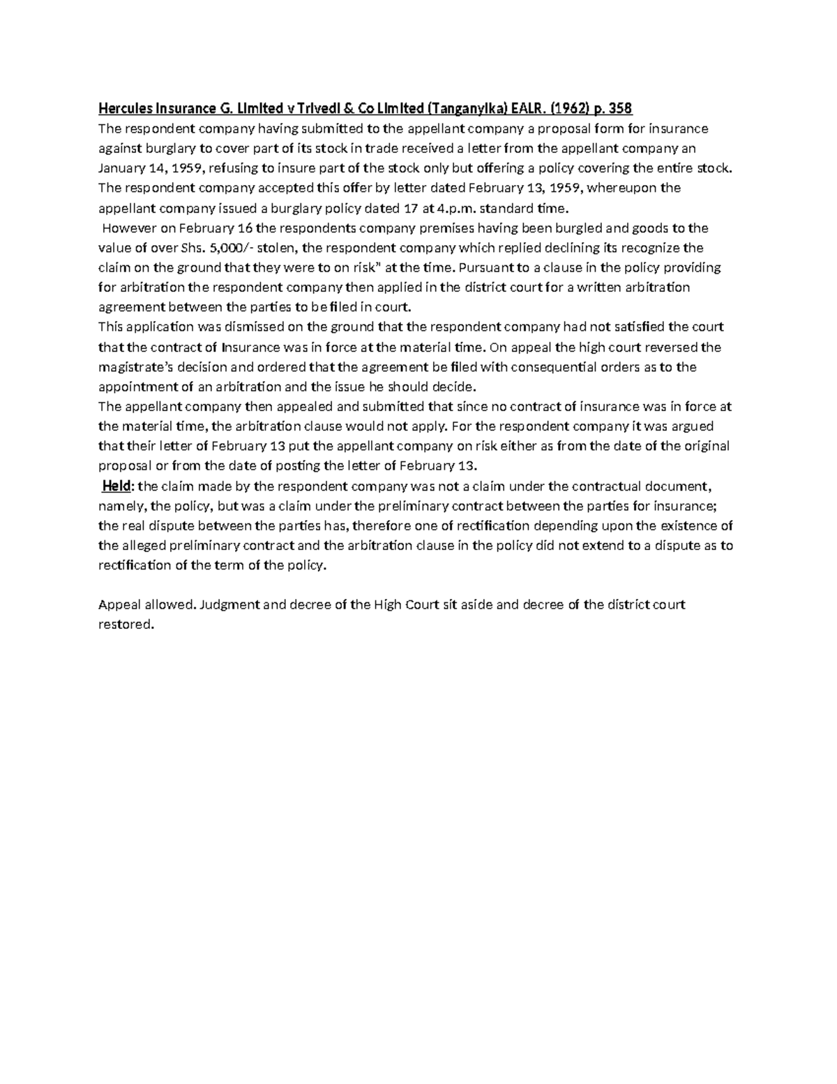 Hercules Insurance G. Ltd v Trivedi & Co Ltd: Case Study Analysis - Studocu