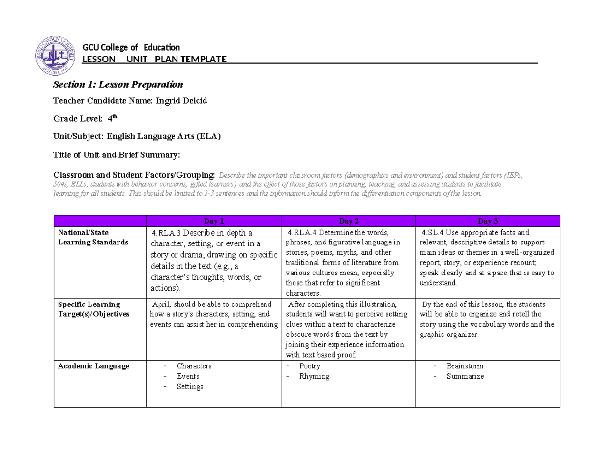 Spd-330 3-Day ELA Unit Plan Template for 4th Grade Learning - Studocu