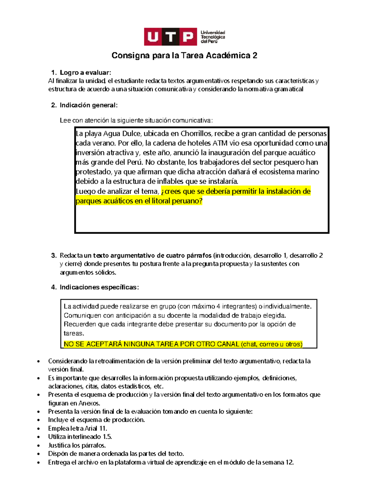 S12 TA2 Texto Argumentativo Version Final - Consigna para la Tarea Académica 2 1. Logro a ...