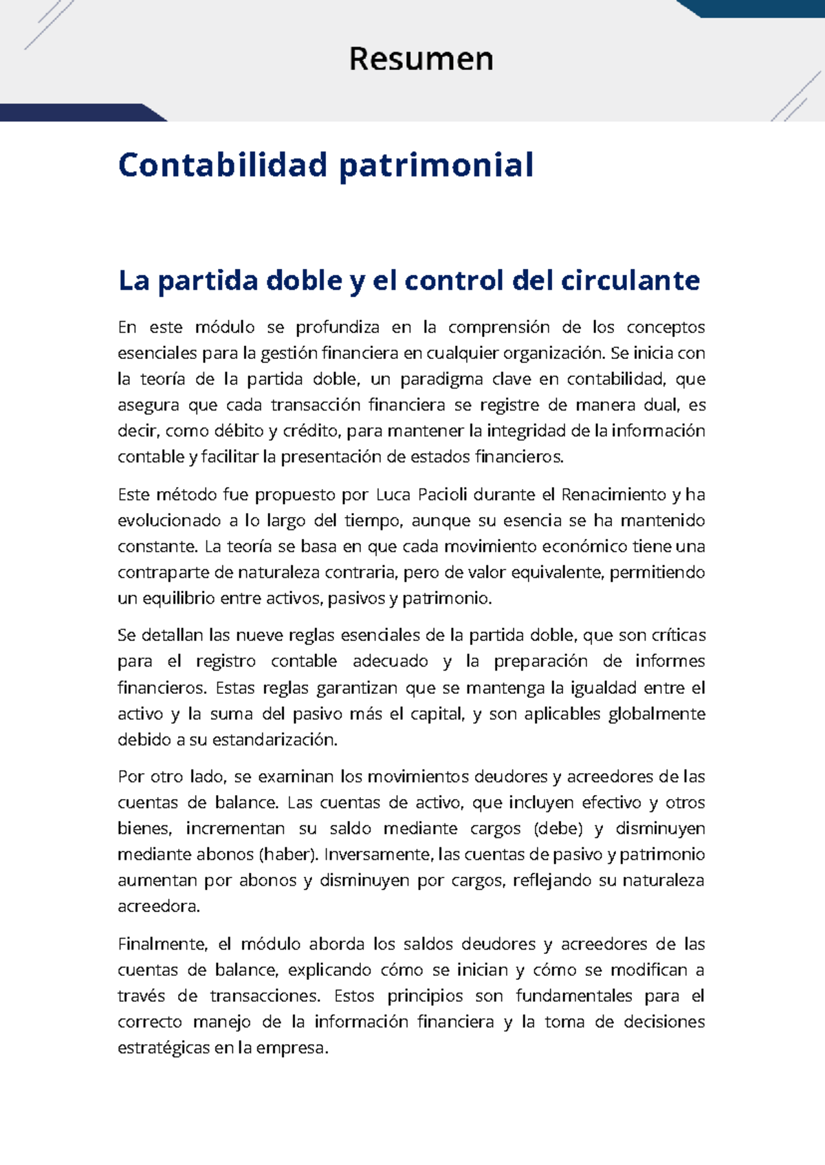 Resumen de Contabilidad Patrimonial: Partida Doble y Control Circulante ...