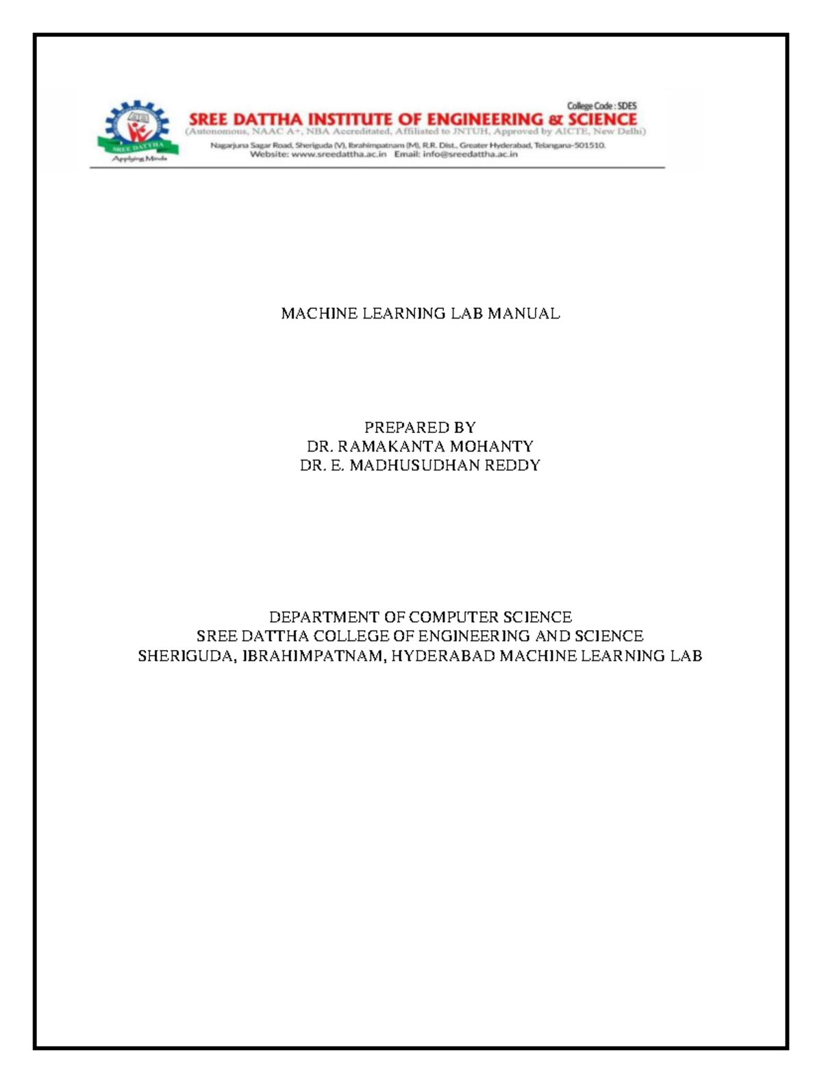 MACHINE LEARNING LAB MANUAL (CS101) - Concepts & Implementations - Studocu