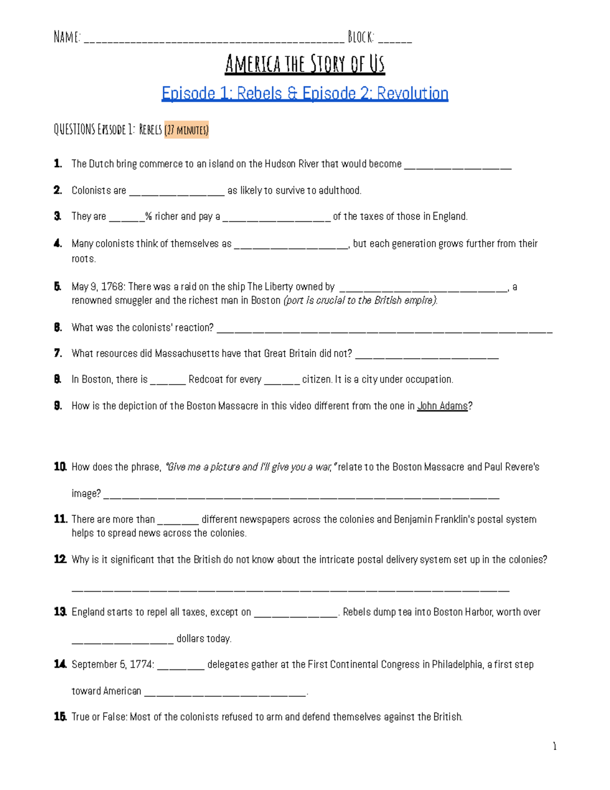 America the Story of Us: Episode 1 & 2 Study Questions Guide - Studocu