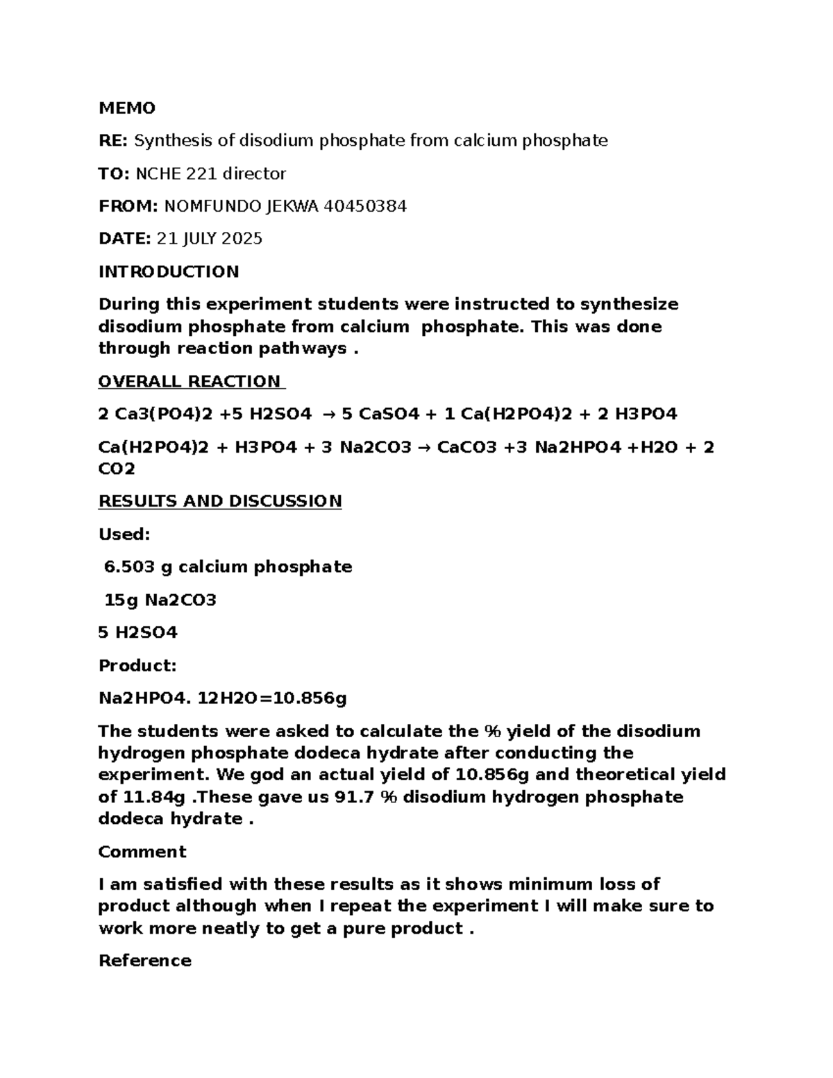 NCHE 221 Practical 3 Memo: Synthesis of Disodium Phosphate - Studocu