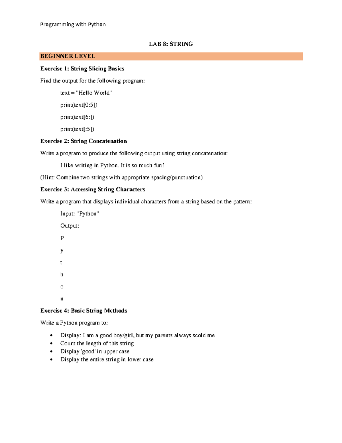Programming with Python LAB 8: String Exercises for Beginners to ...