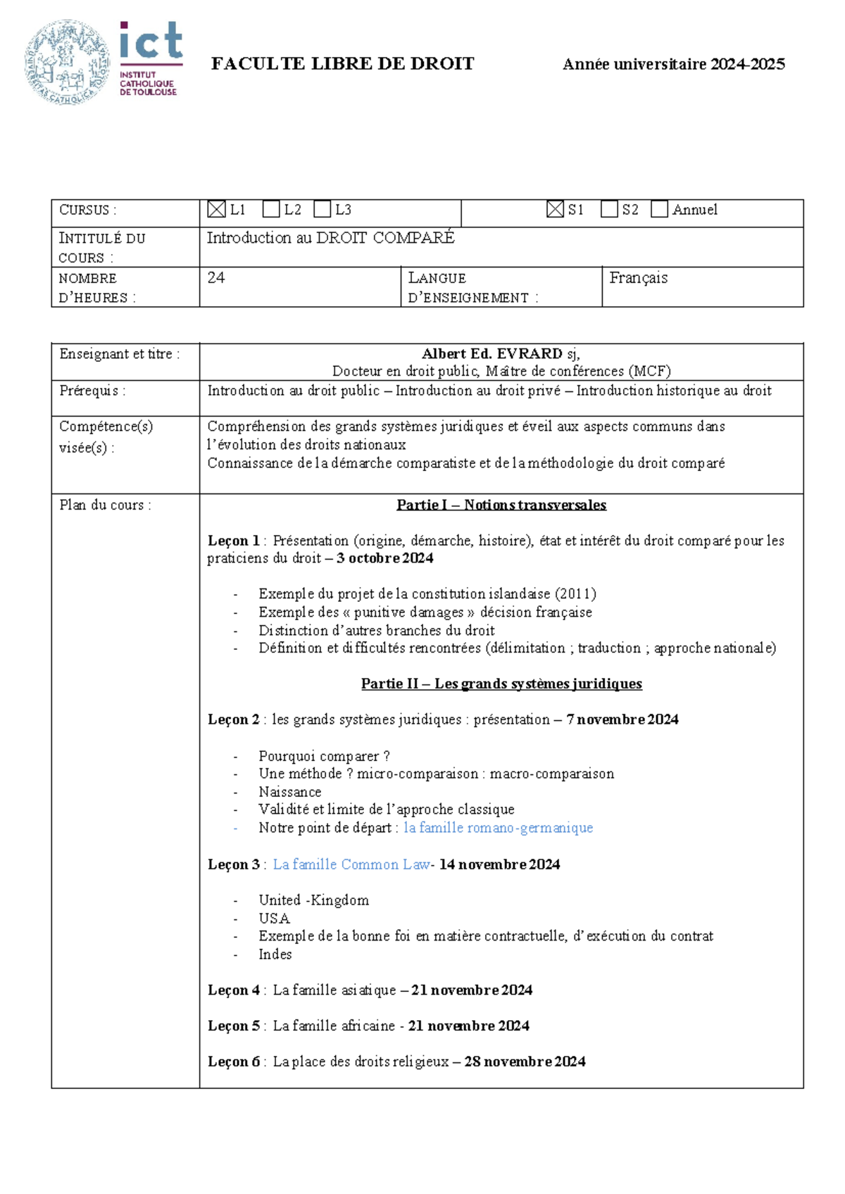 Plan de Cours L1 L2 L3 : Introduction au Droit Comparé - S1 S2 - Studocu