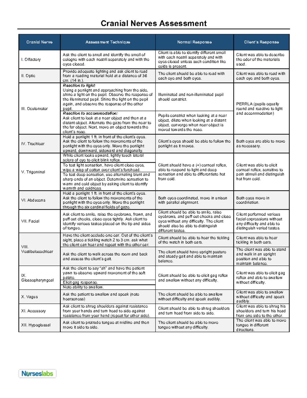 NURS 101 - Cranial Nerves Assessment Guide and Client Responses - Studocu