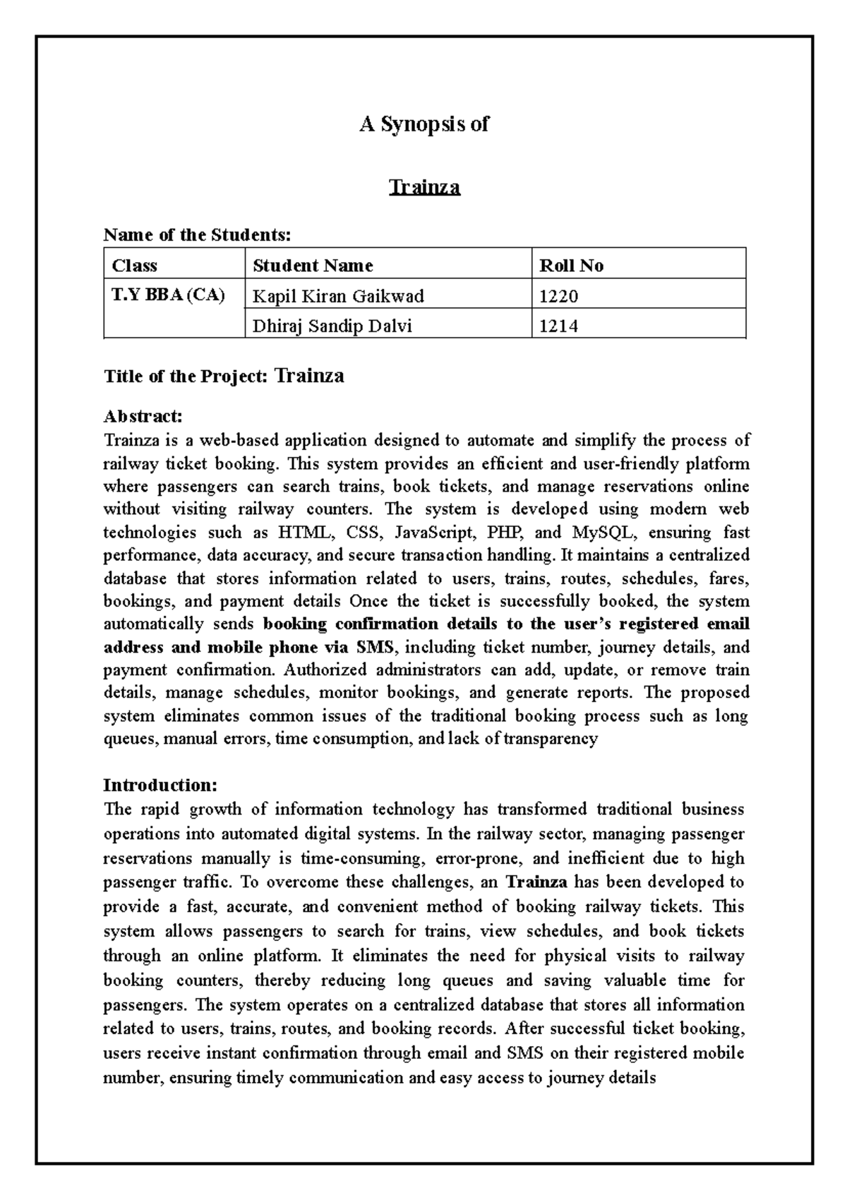 Trainza Project Synopsis - T.Y BBA (CA) - Studocu