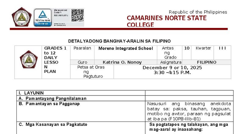DLP - Filipino 10 Daily Lesson Plan by Guro Katrina O. Nonoy - Studocu
