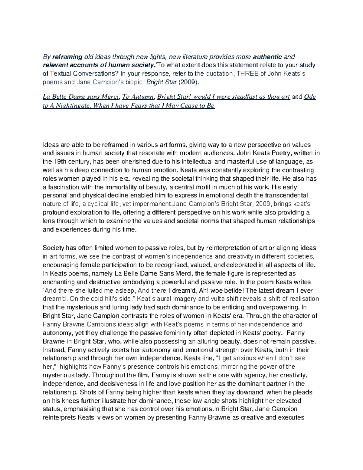 Practice Essay: Keats and Bright Star (ENG 101) - Studocu