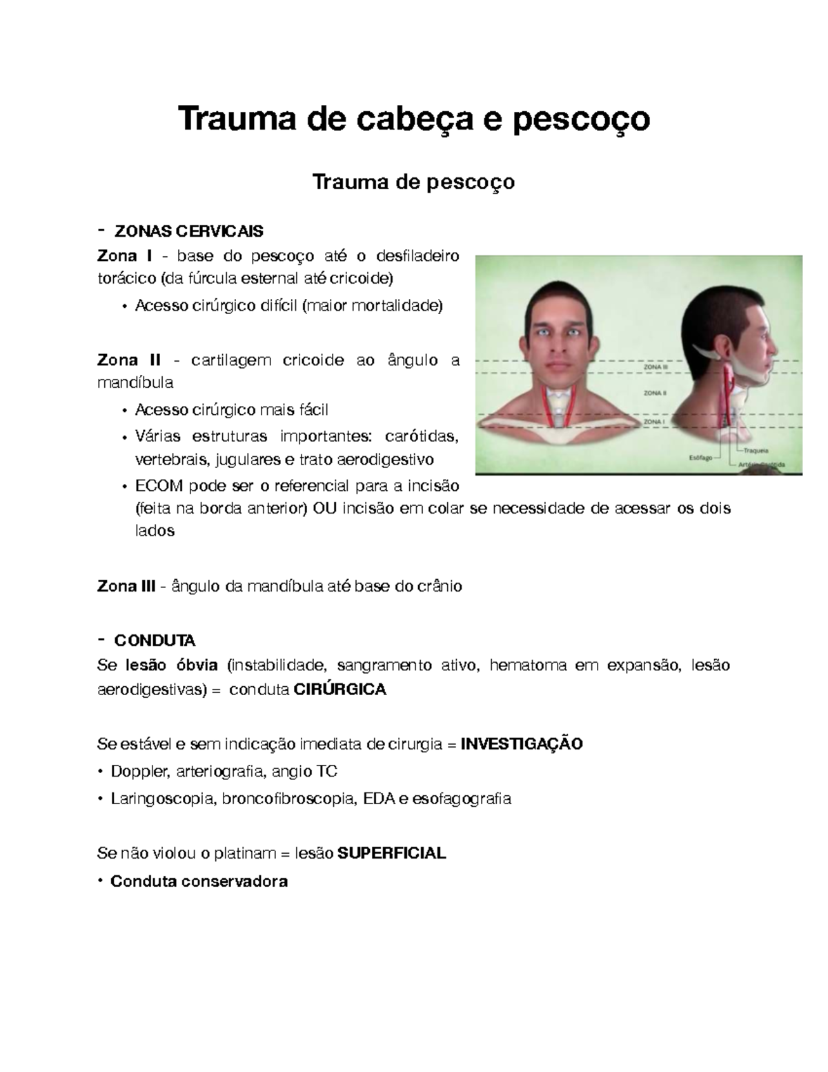 Trauma de Cabeça e Pescoço: Zonas Cervicais e Condutas Clínicas - Studocu