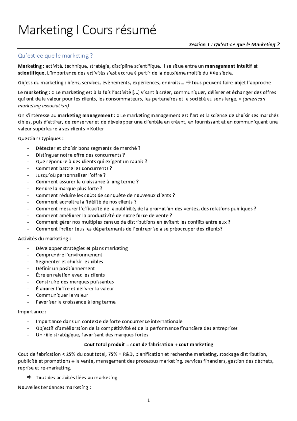Résumé du Cours Marketing I - Concepts et Stratégies clés - Studocu