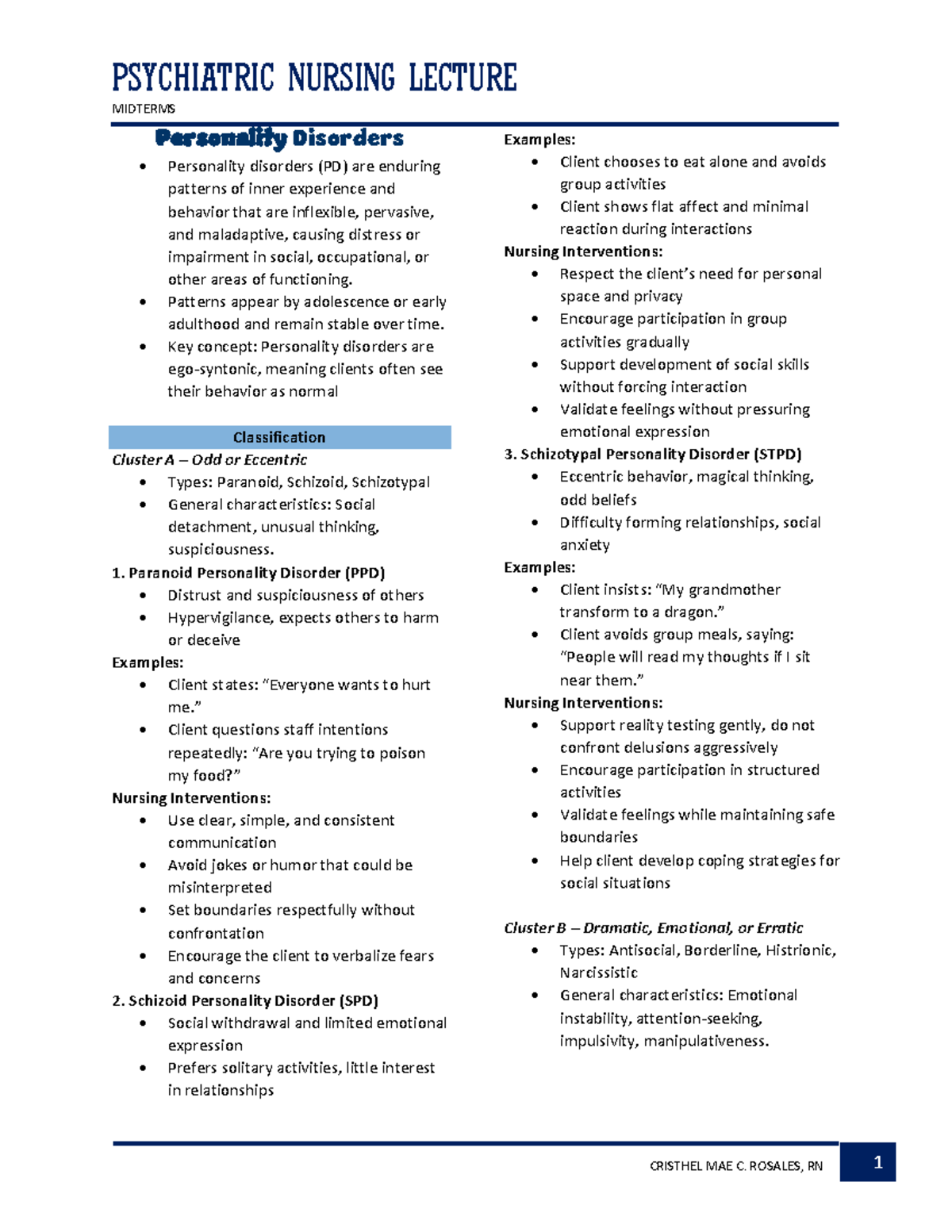 PSYCHIATRIC NURSING LECTURE MIDTERMS: Personality Disorders Overview ...